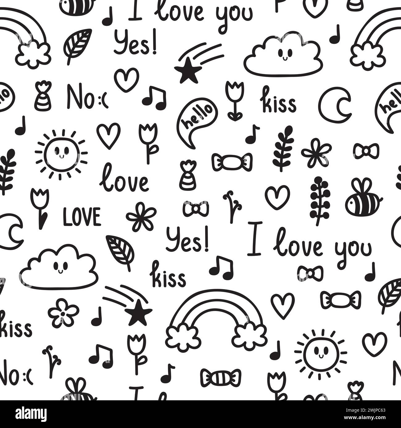 Hand drawn seamless pattern on love theme. Doodle, sketch. Design for ...