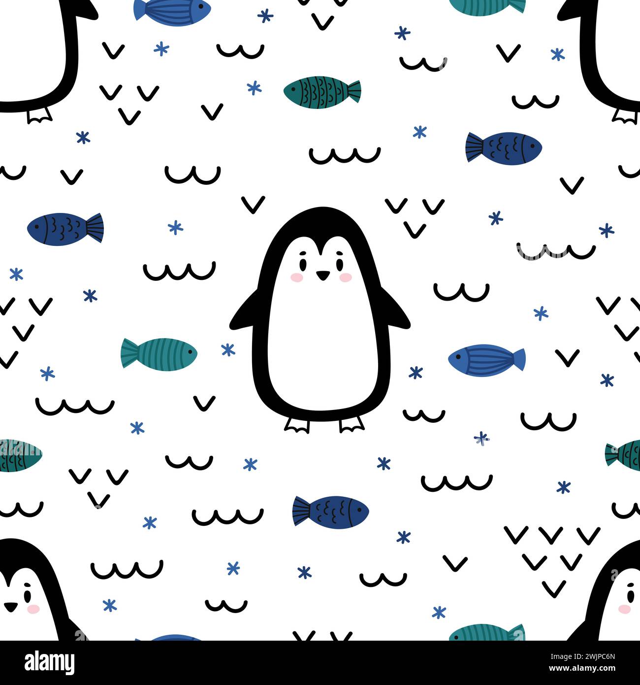 Cute seamless pattern with little penguin and fishes. Childish sea ...