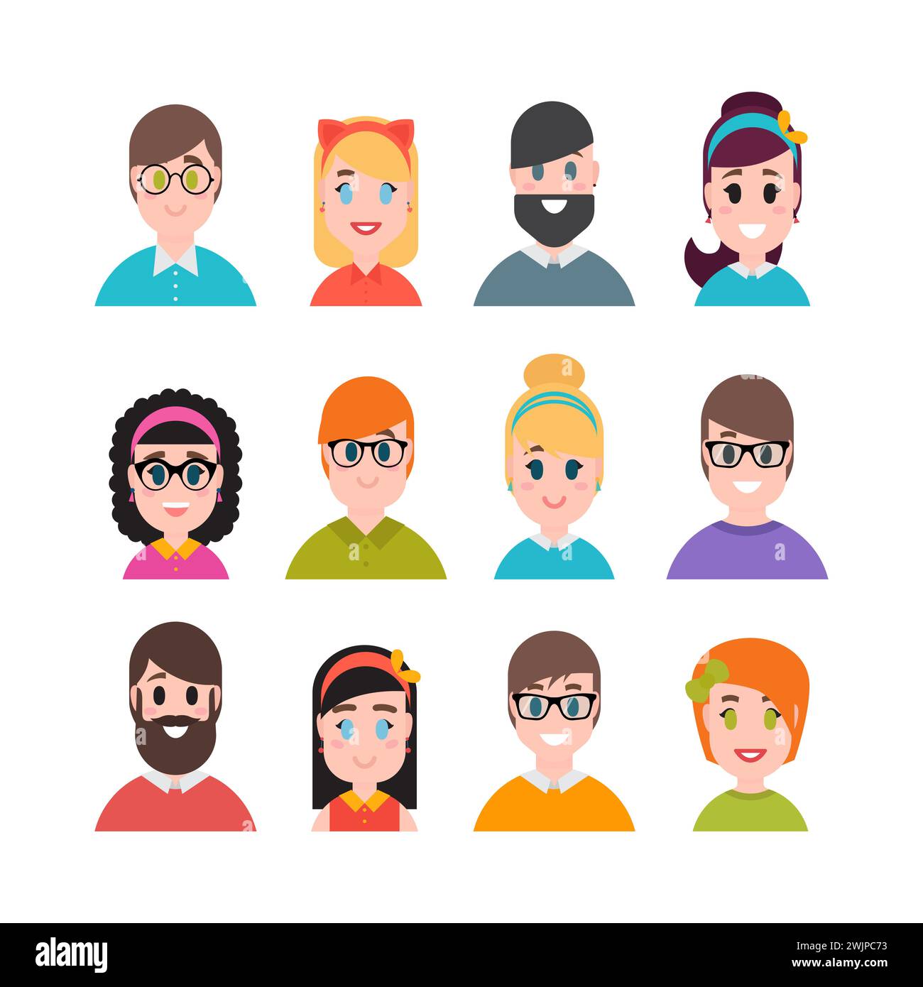 People avatars collection. Simple flat cartoon style. Men, boys, girls ...