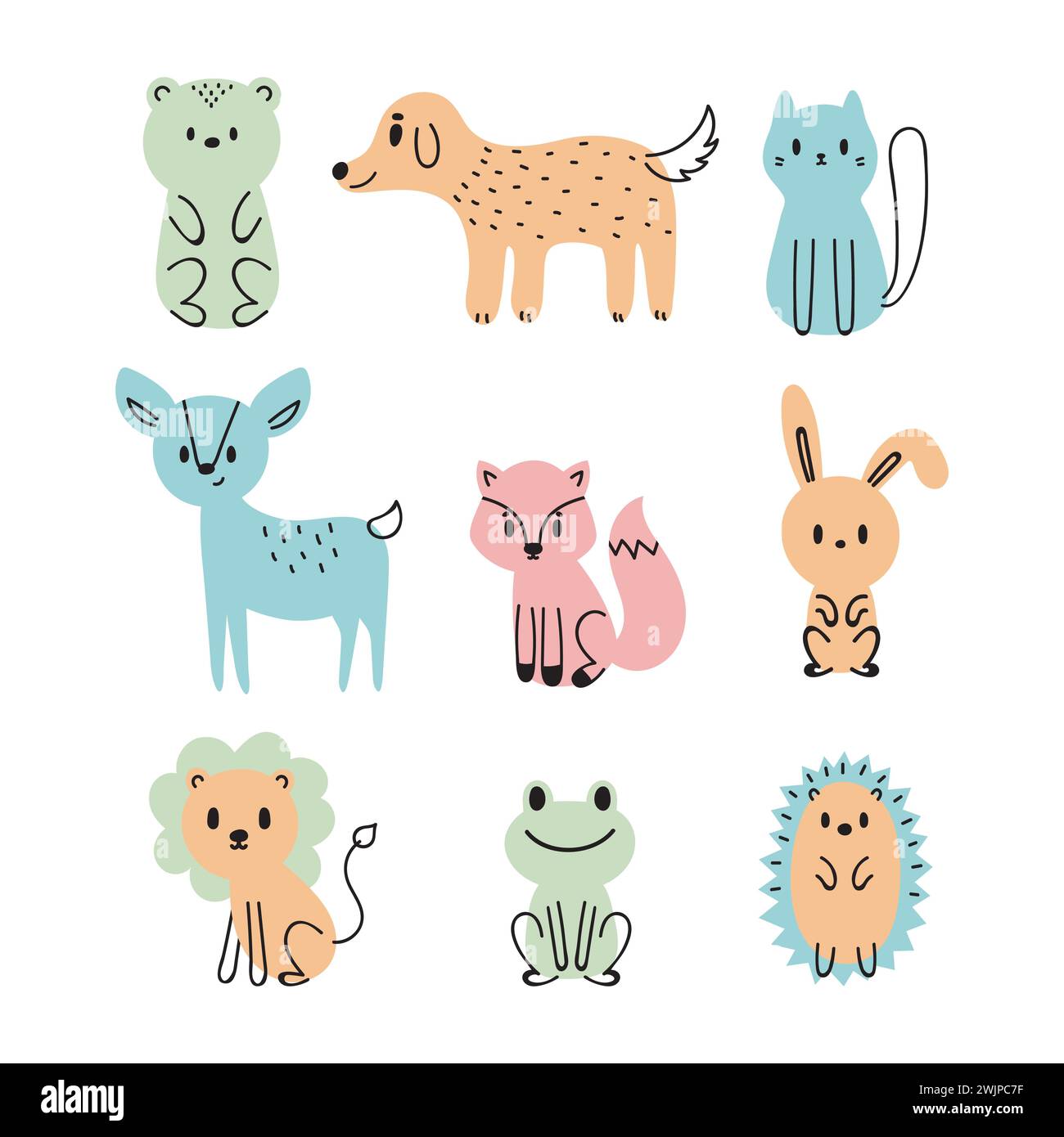 Set of cute cartoon animals. Bear, dog, cat, deer, fox, bunny, lion ...