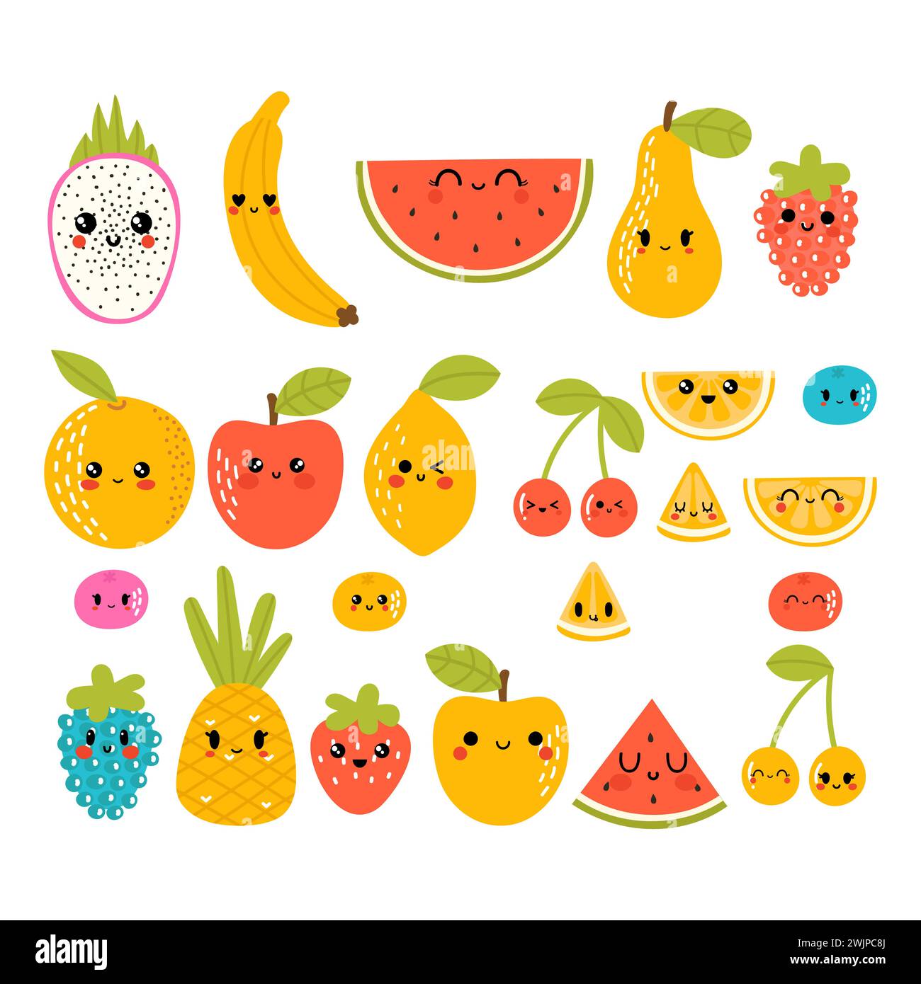 Cute hand drawn kawaii tropical smiling fruit. Healthy style collection ...