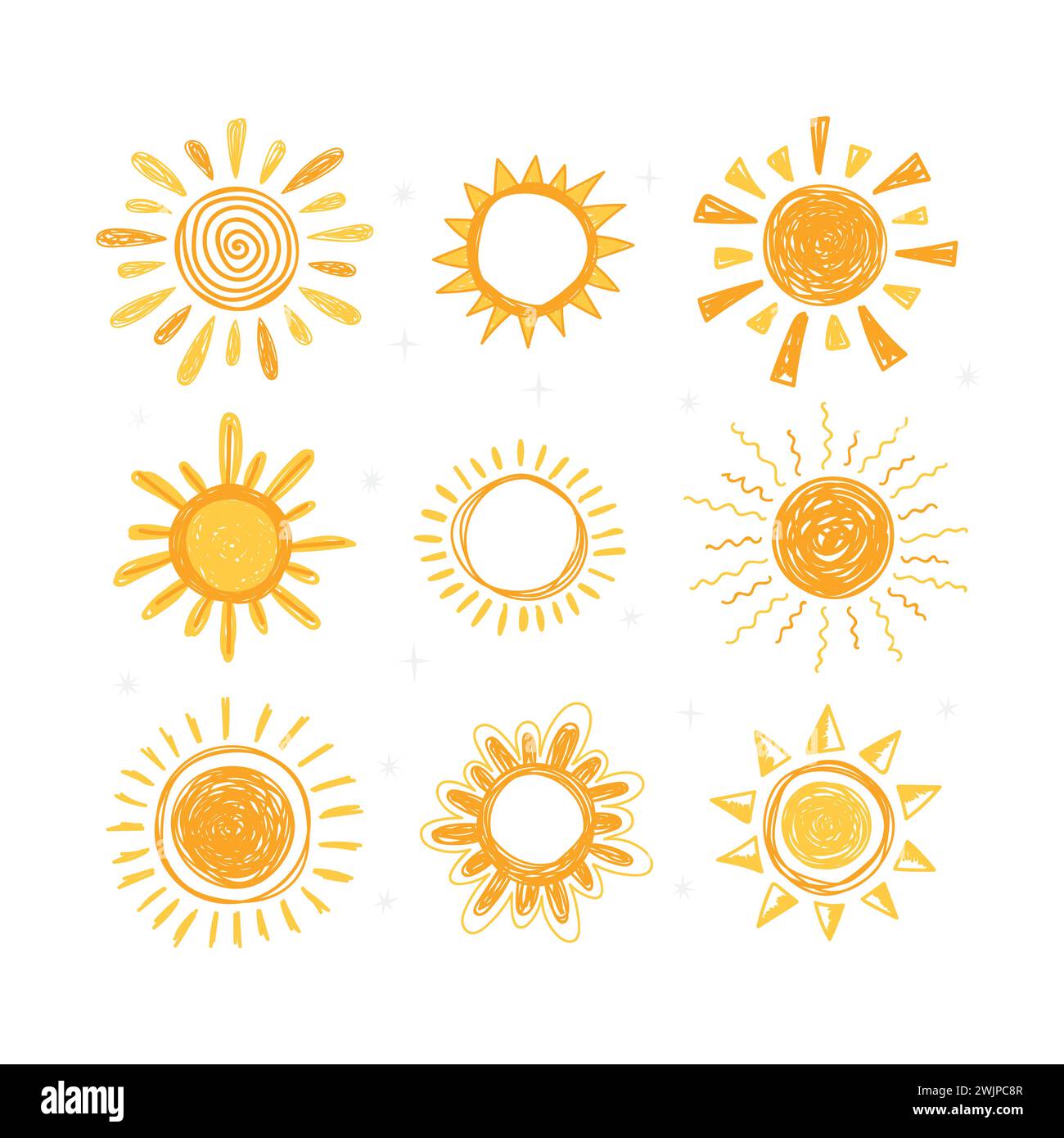 Set of hand drawn sun symbols. Collection of doodle sun icons. Vector ...