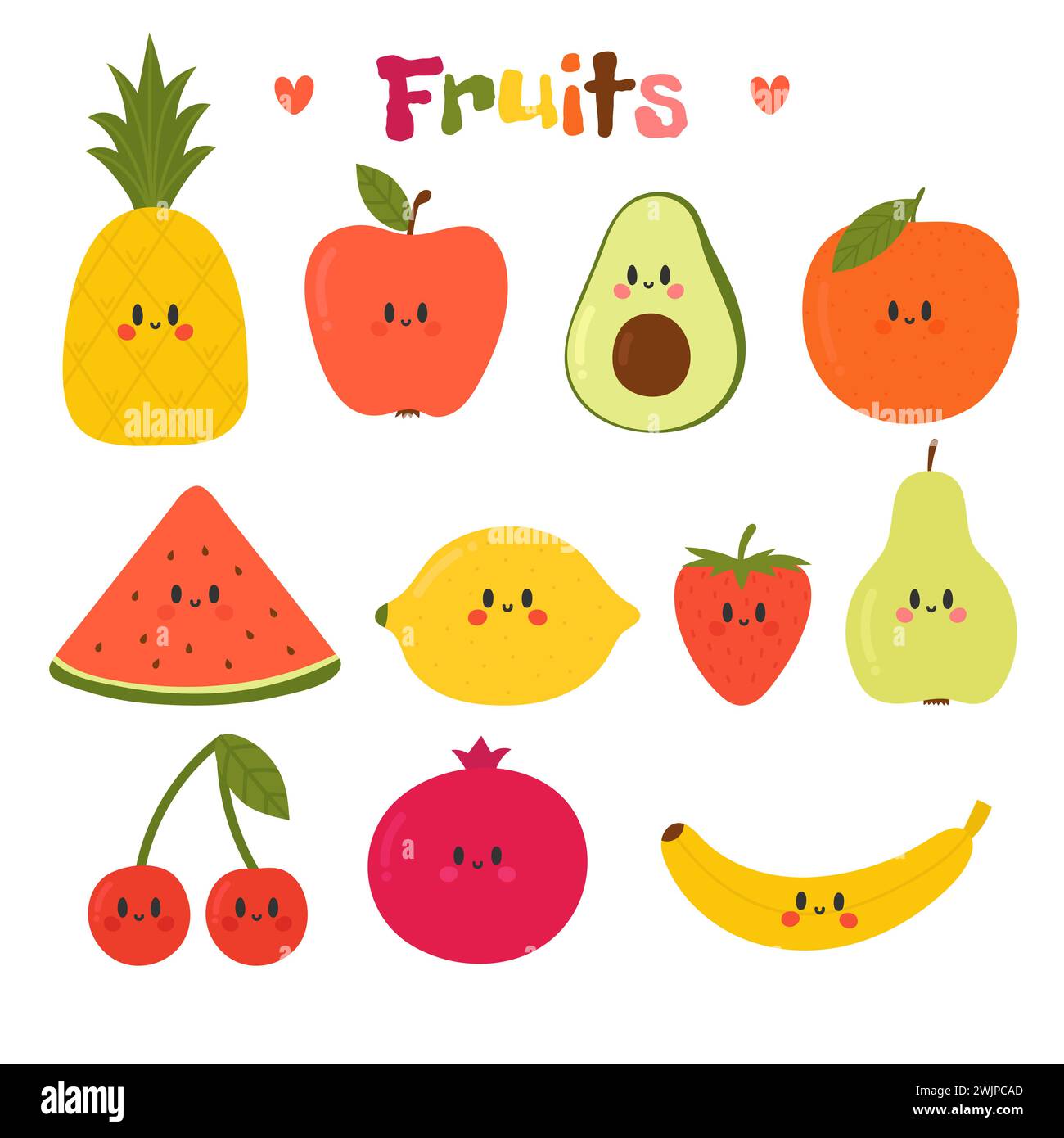 Cute hand drawn kawaii fruits. Healthy style collection. Flat style ...