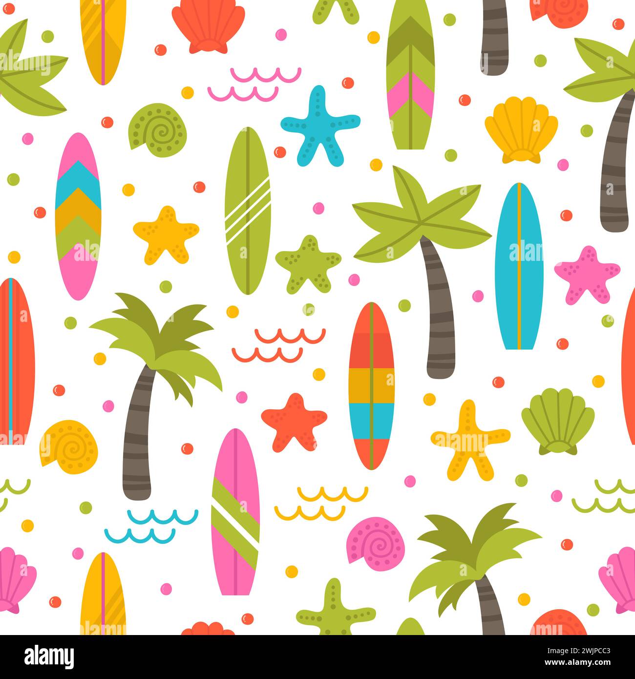 Summer seamless pattern with surfboards, palm trees and shells. Cute ...