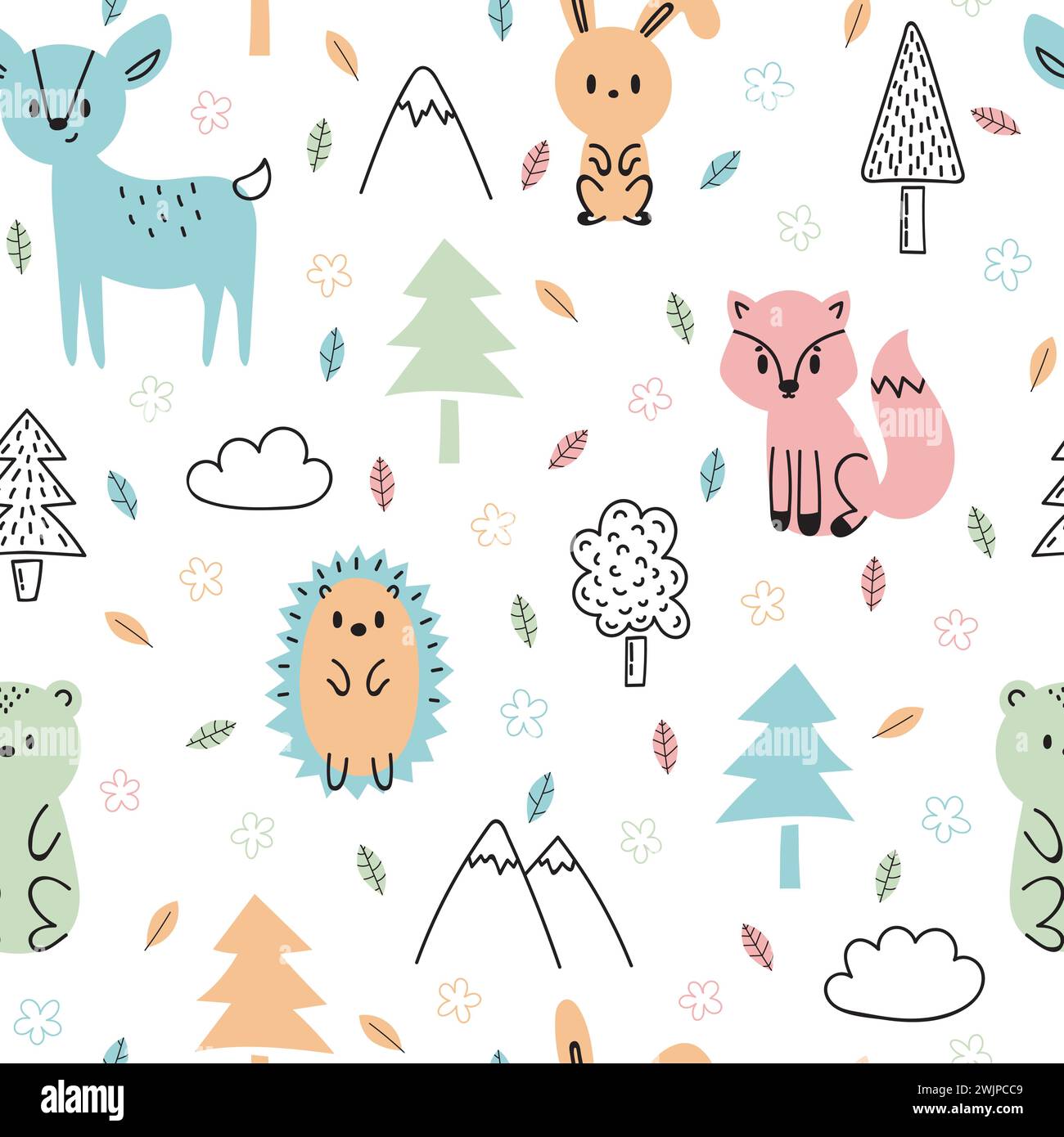Seamless childish pattern with cute hand drawn forest animals. Design ...