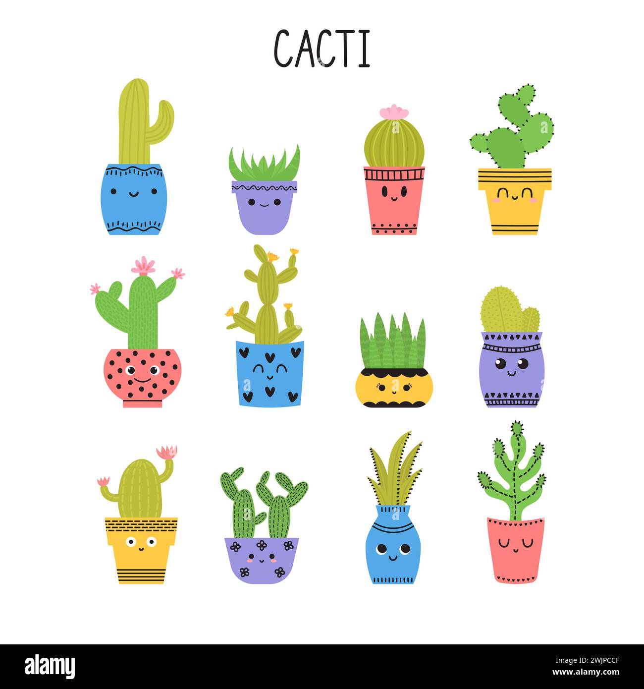 Set of cacti and succulents. Cacti in flower pots. Cartoon icons ...