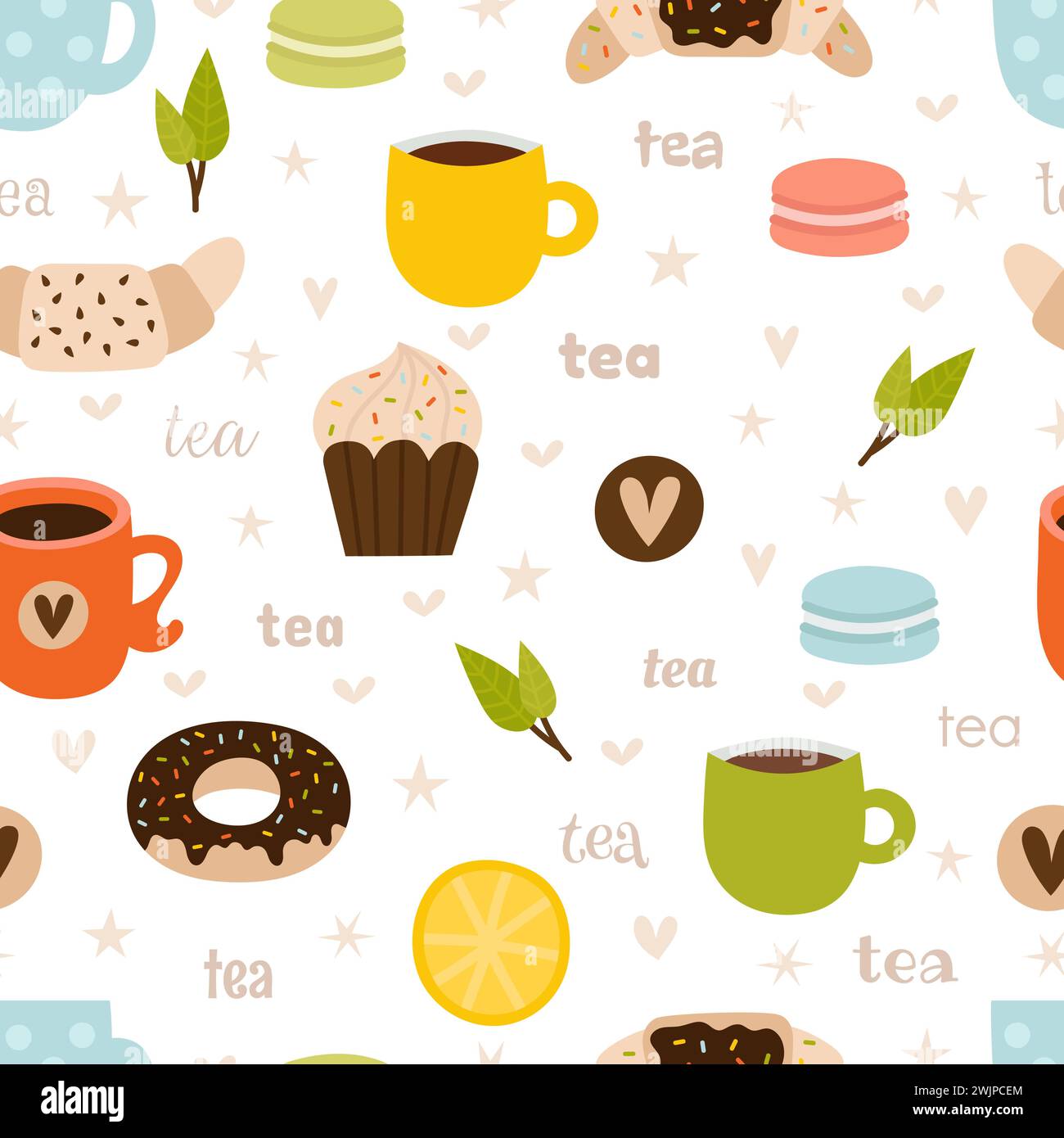 Hand drawn tea seamless pattern. Set of tea party symbols, objects and ...