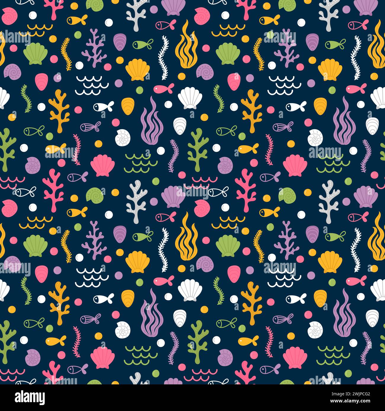 Underwater seamless pattern with hand drawn seaweeds, shells, fishes ...