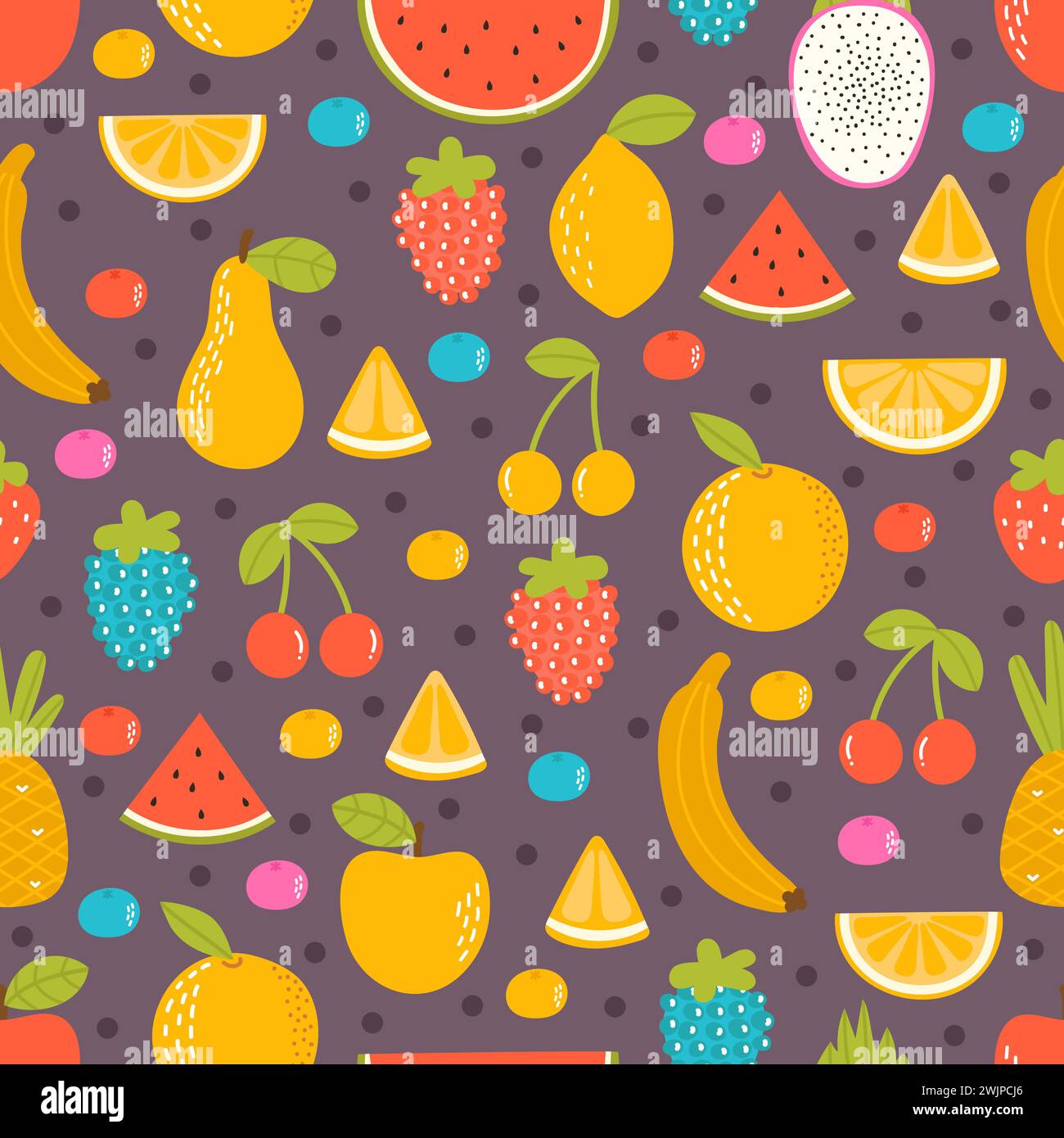 Seamless pattern with hand drawn fruit. Summer tropical healthy food ...