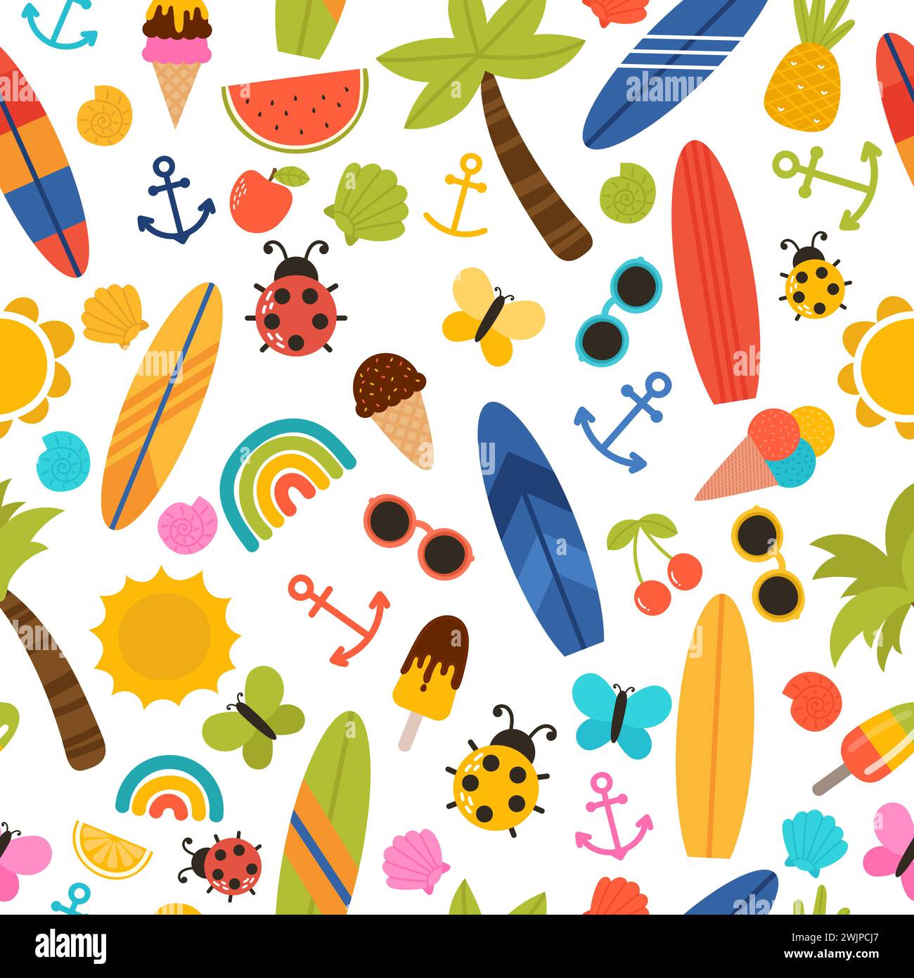 Summer seamless pattern with surfboards, palm trees, anchors ...