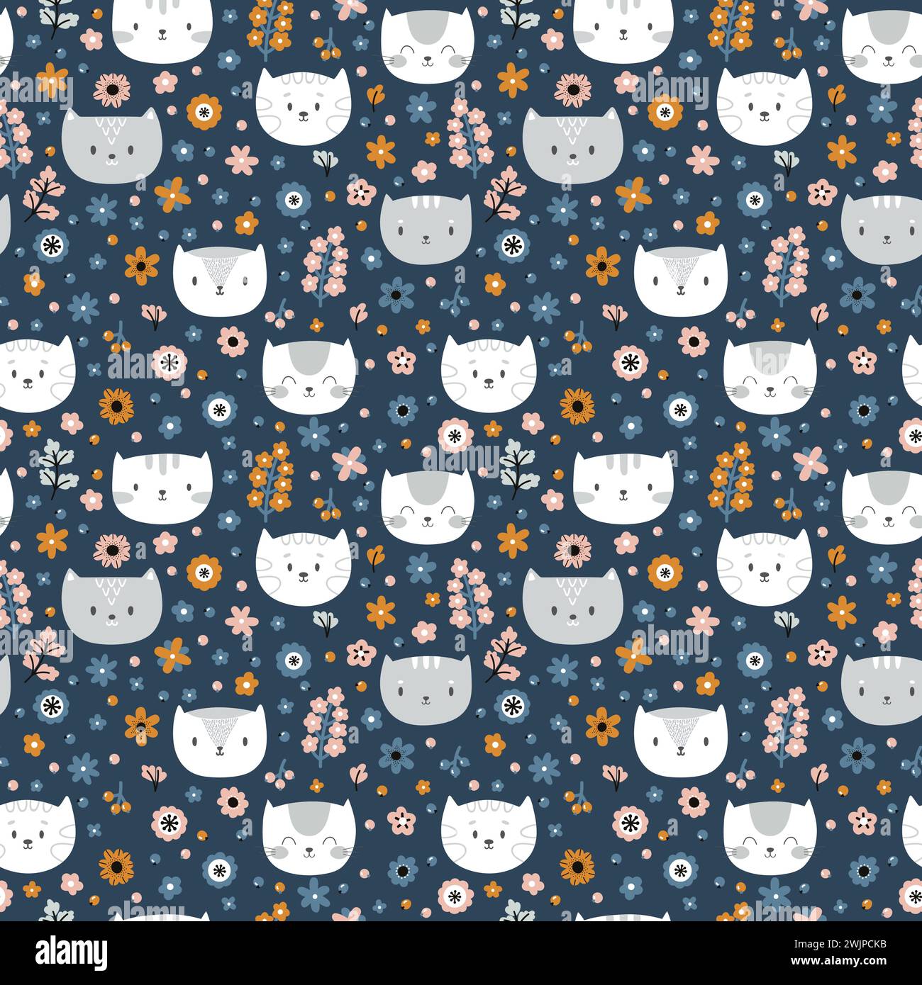 Kids seamless pattern with cats. Funny animals on dark backdrop. Great ...