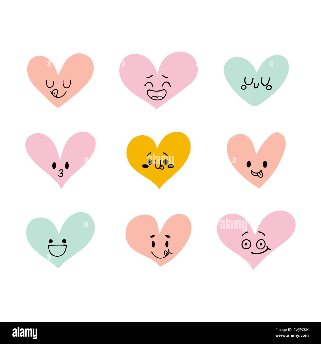 Funny happy hearts. Cute cartoon characters. Set of heart icons ...