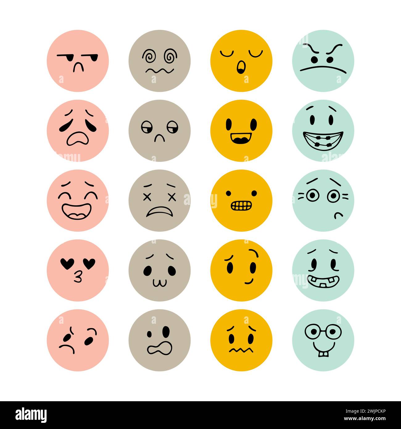 Set of hand drawn funny smiley faces. Sketched facial expressions set ...