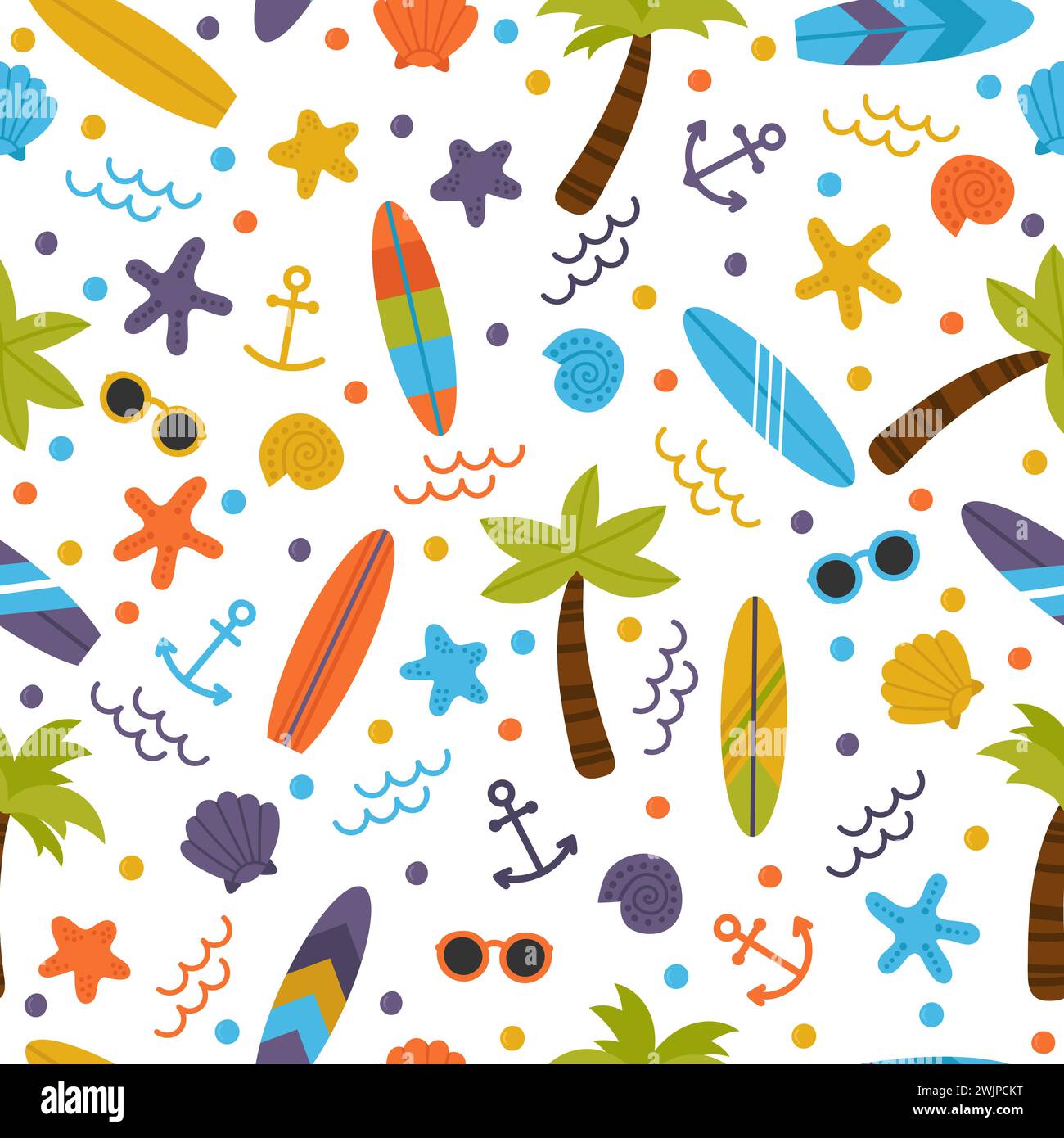 Summer seamless pattern with surfboards, palm trees, anchors ...