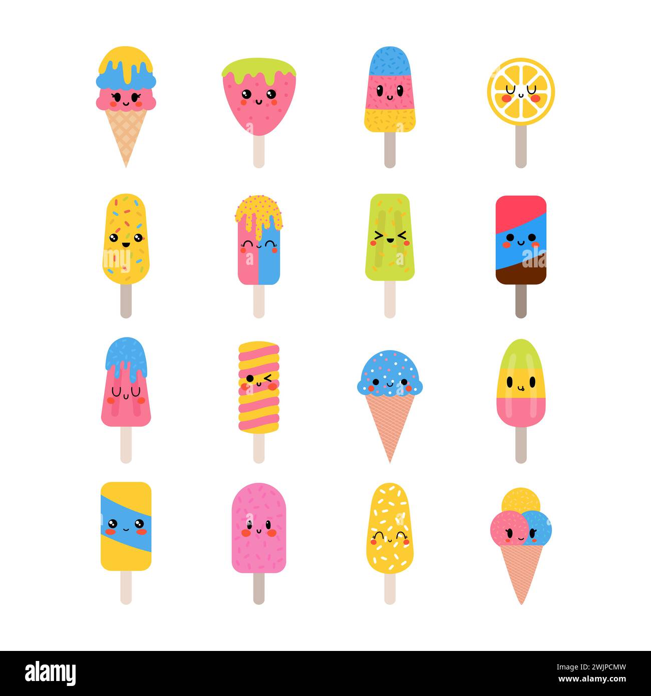 Set of cute kawaii ice cream characters. Cartoon lovely ice cream in ...