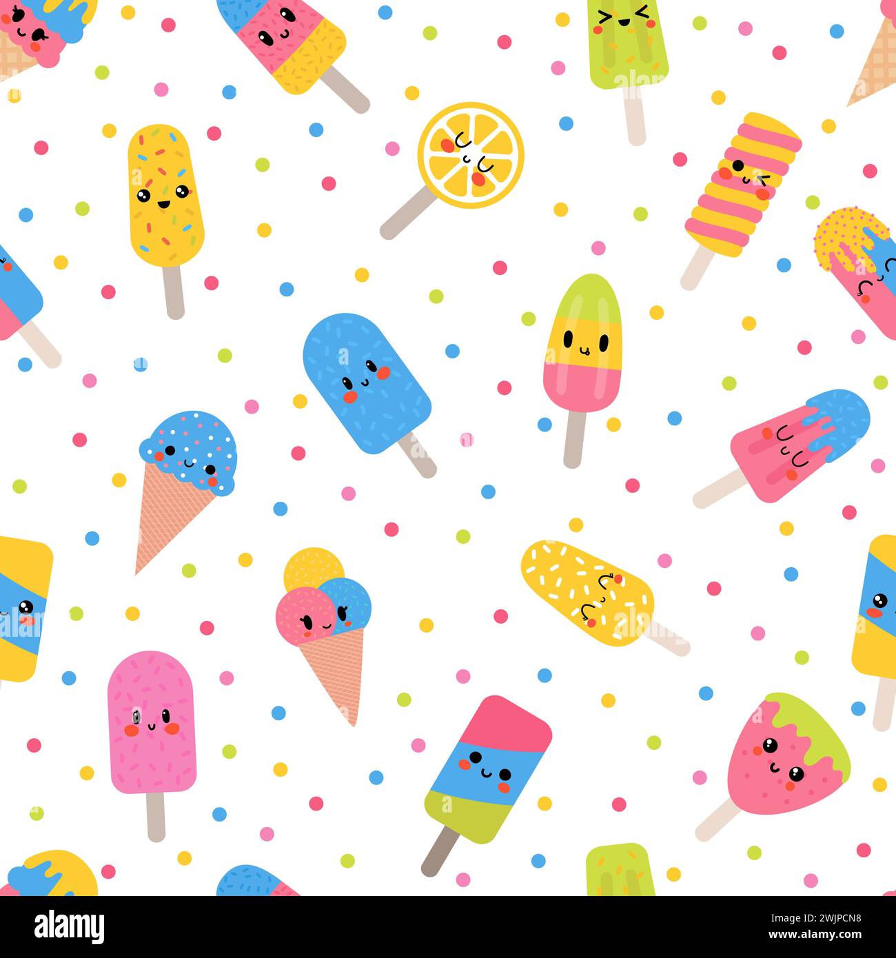 Cute summer seamless pattern with kawaii ice cream. Colorful wrapping ...