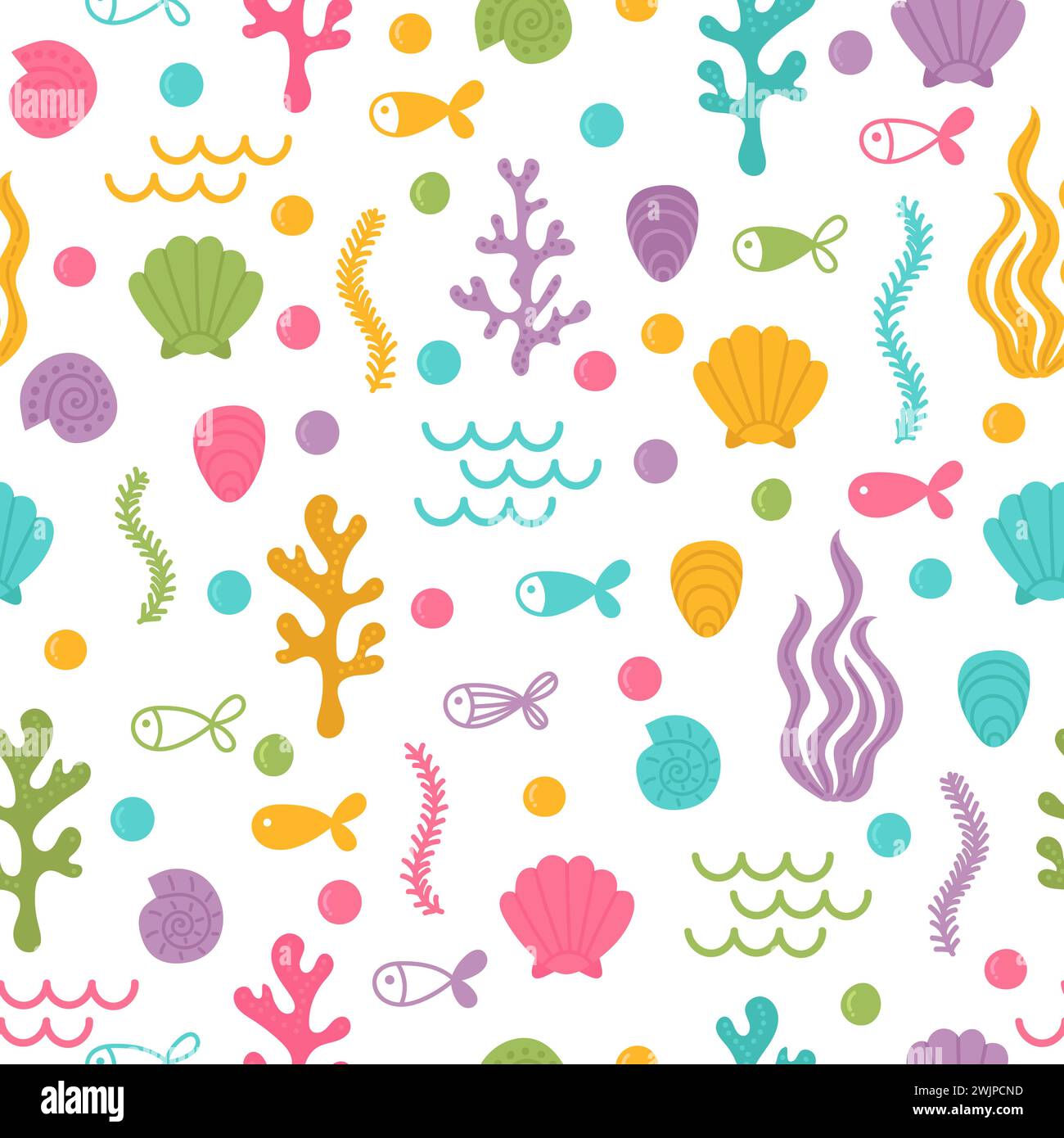 Underwater seamless pattern with hand drawn seaweeds, shells, fishes ...