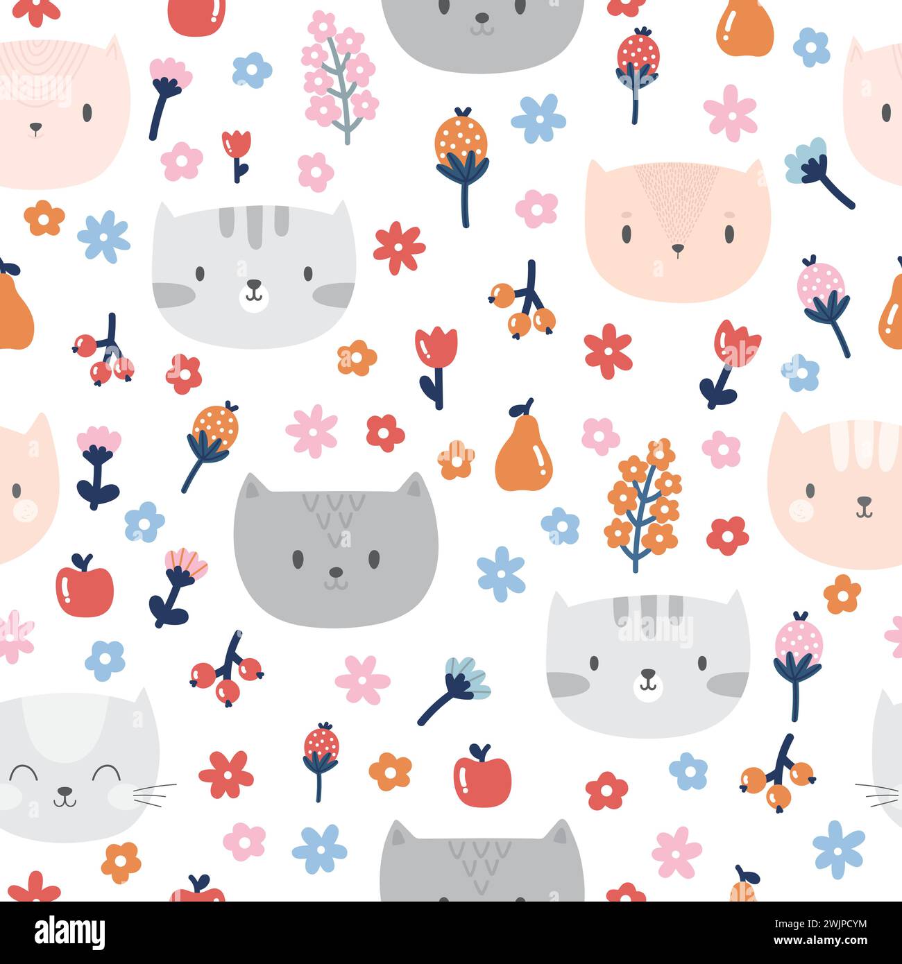 Kids seamless pattern with cute cats. Funny animals on dark backdrop ...