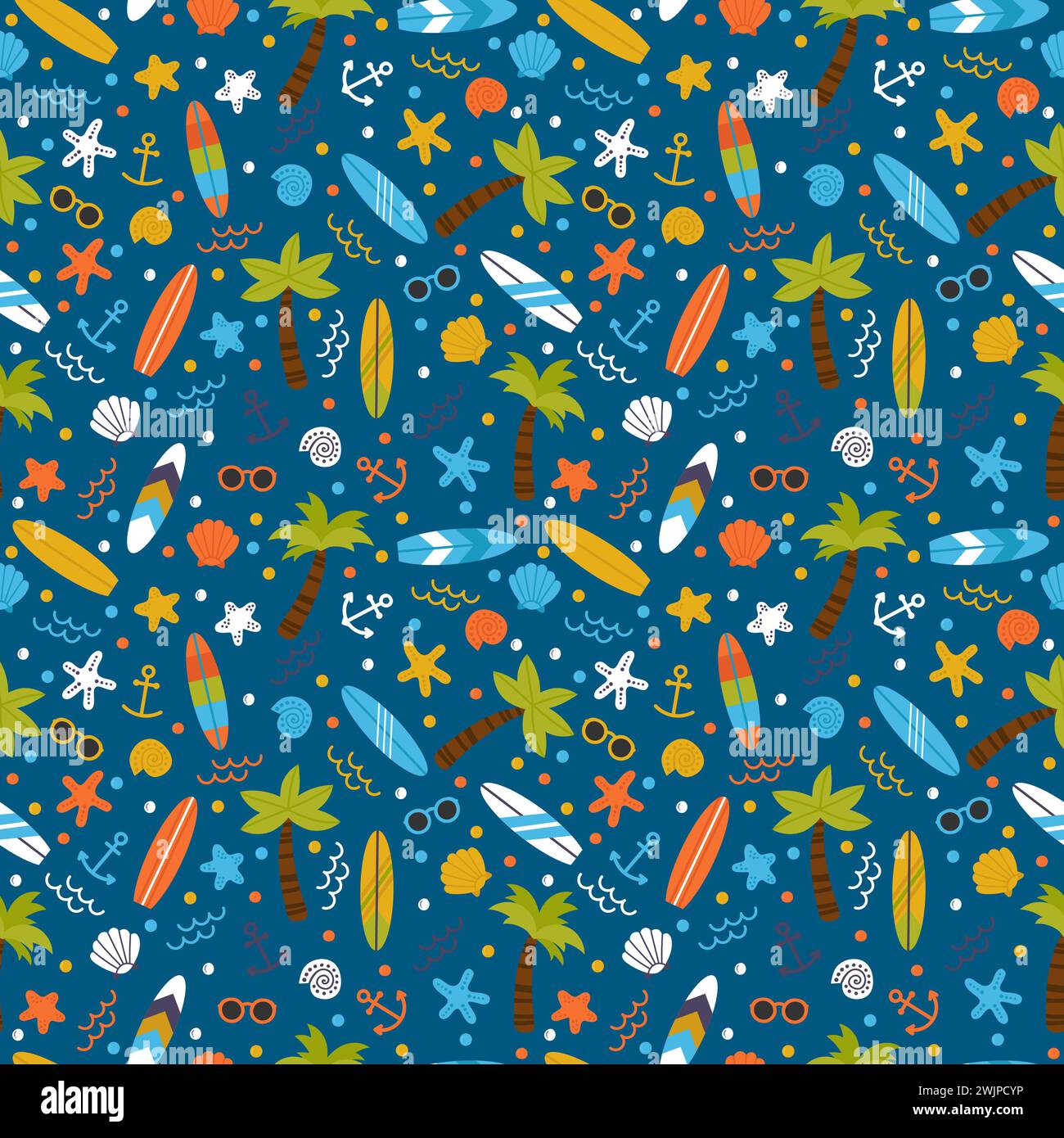 Summer seamless pattern with surfboards, palm trees, anchors ...