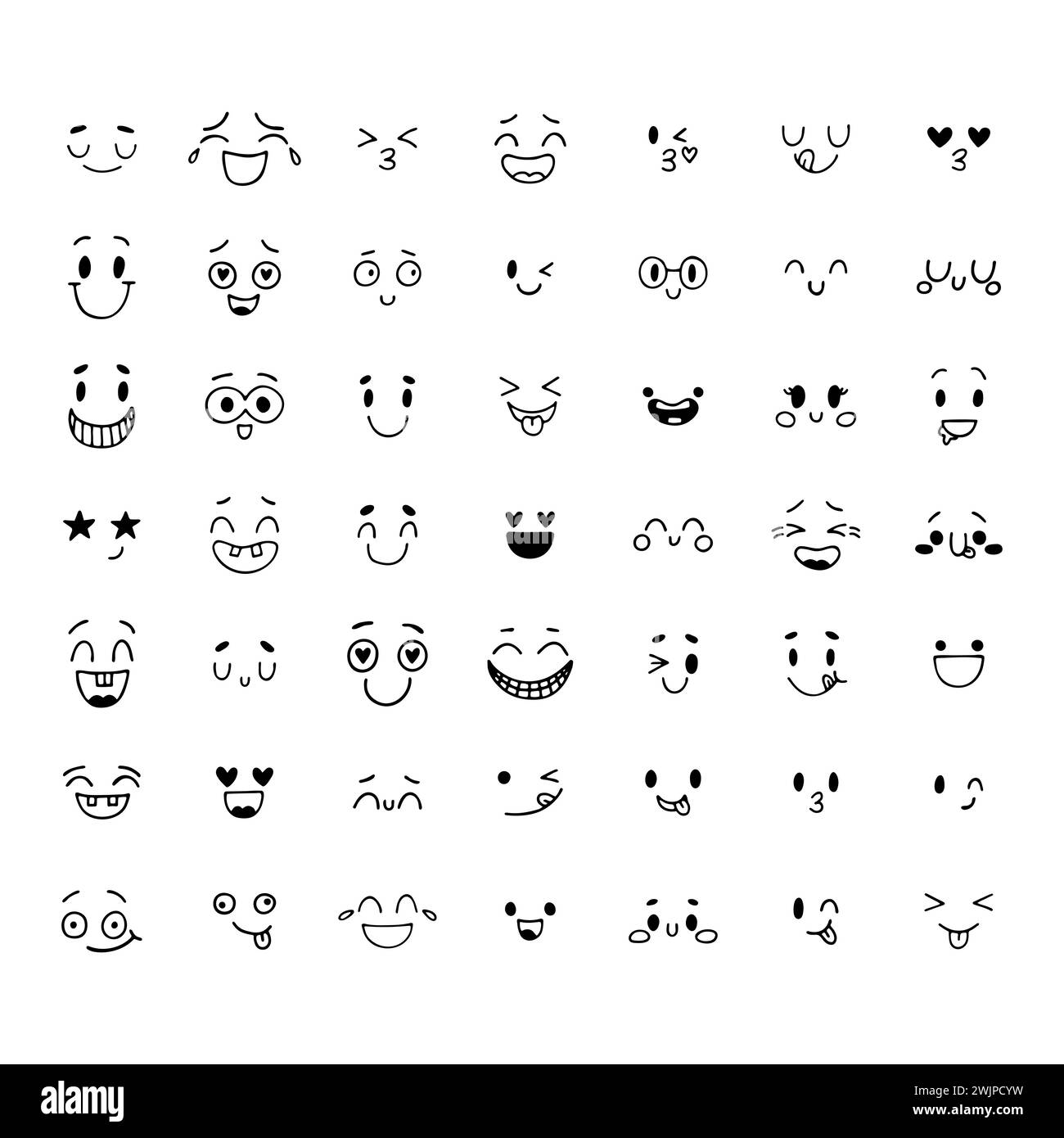 Big set of only happy emojis. Hand drawn funny characters. Sketched ...
