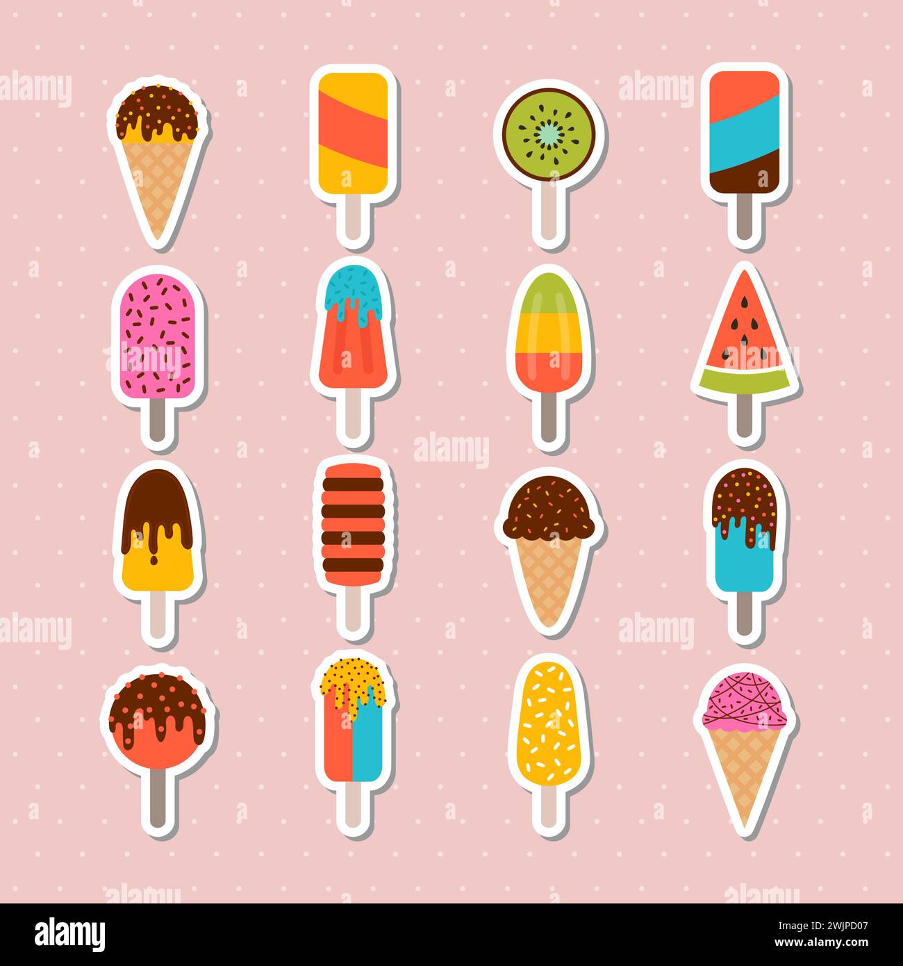 Collection of tasty ice cream stickers. Set of ice cream cones and ...