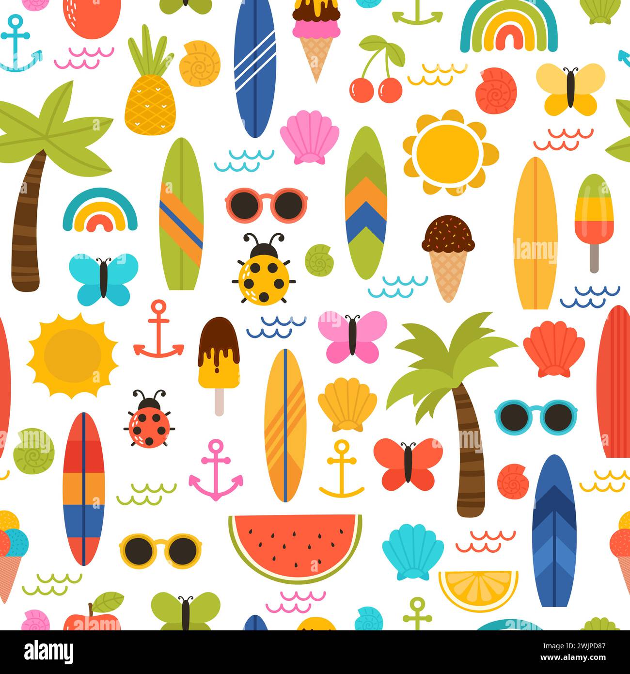 Summer seamless pattern with surfboards, palm trees, anchors ...