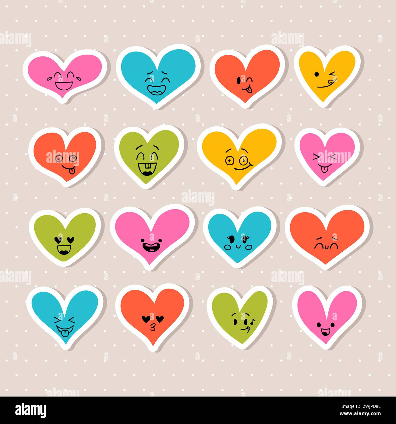 Happy sticker hearts. Cute cartoon characters. Bright set of heart ...