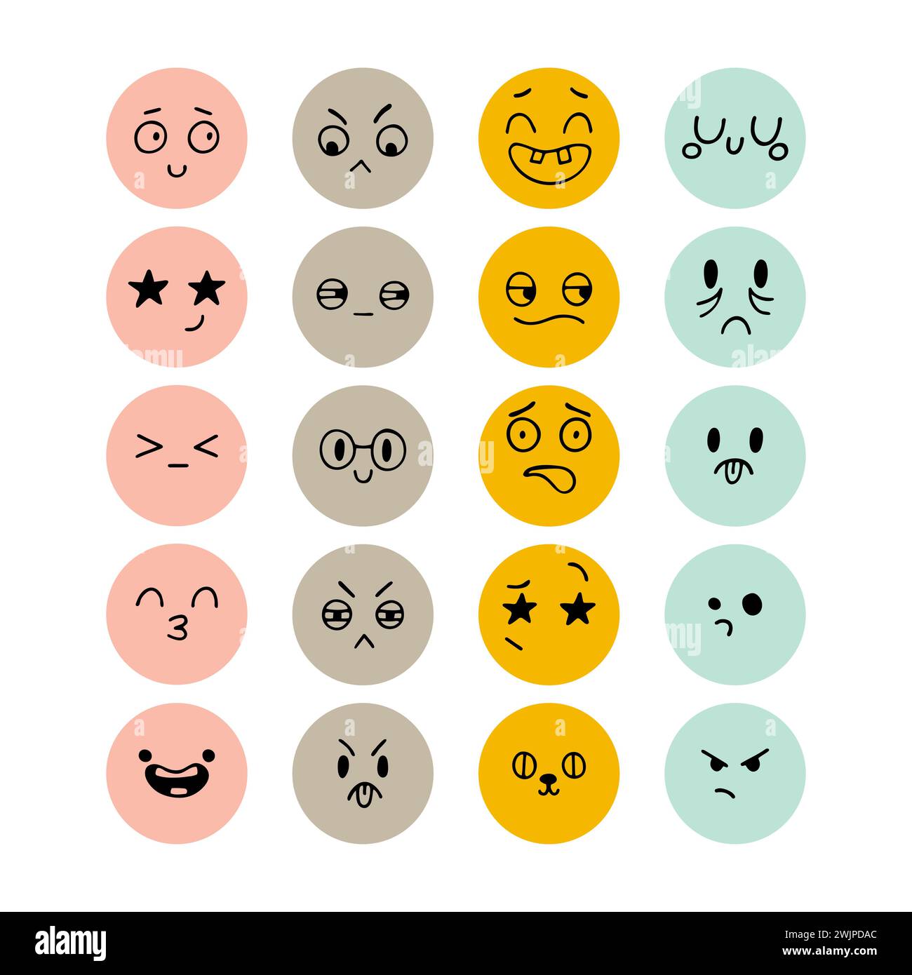 Set of hand drawn funny smiley faces. Emoji icons. Sketched facial ...