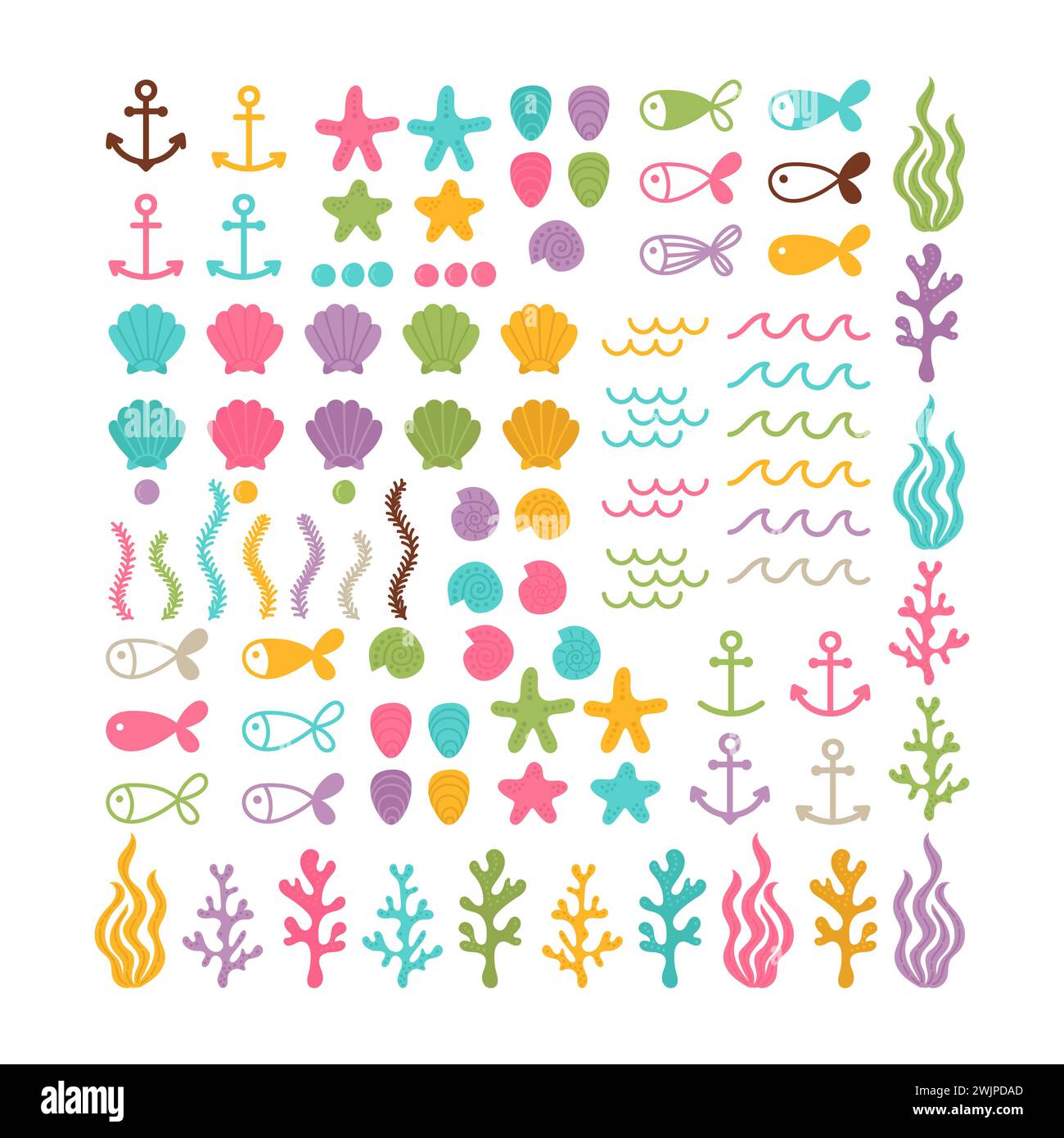 Set with hand drawn sea animals and creatures. Big set on the marine ...