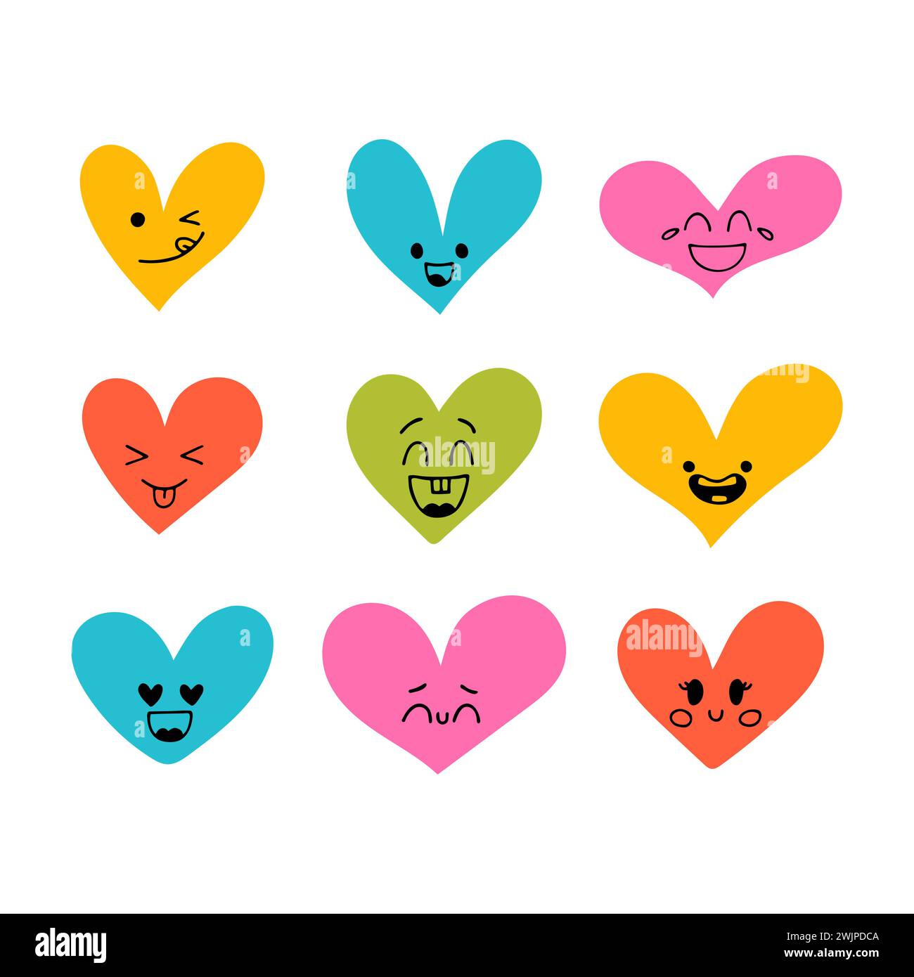Funny happy hearts. Cute cartoon characters. Bright vector set of heart ...