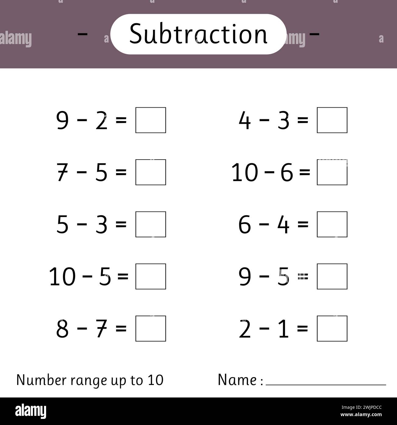 Subtraction. Number range up to 10. Math worksheet for kids. Solve ...