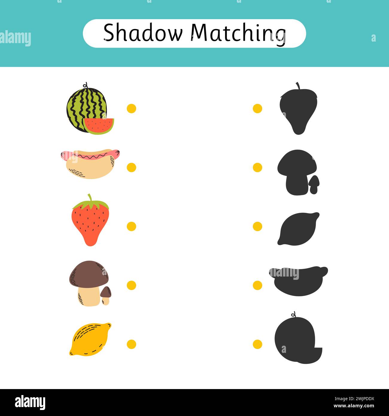 Shadow matching game for kids. Worksheets with food. Find the correct ...