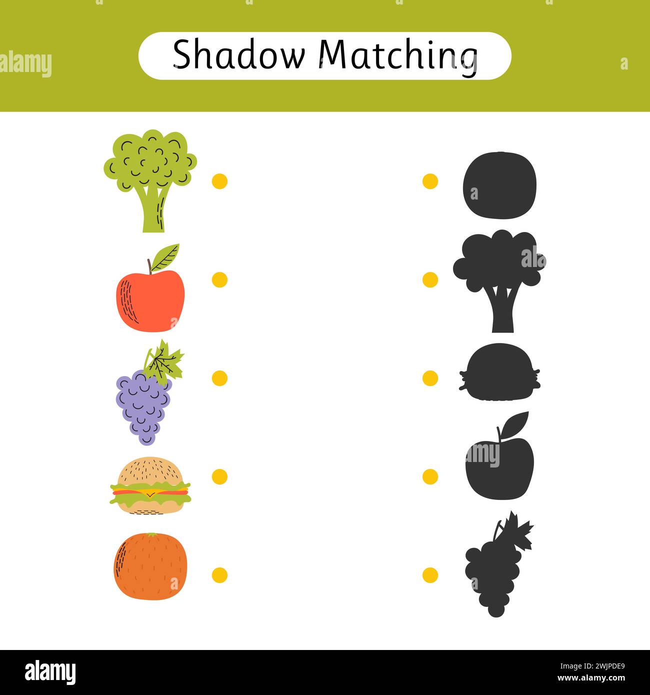 Shadow matching game for kids. Worksheet with food. Find the correct ...