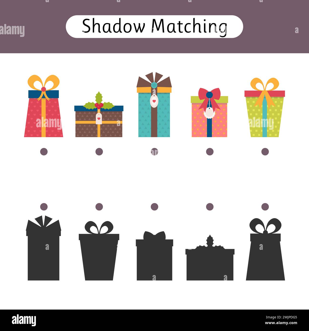 Shadow matching game for kids. Worksheets with gifts. Find the correct ...