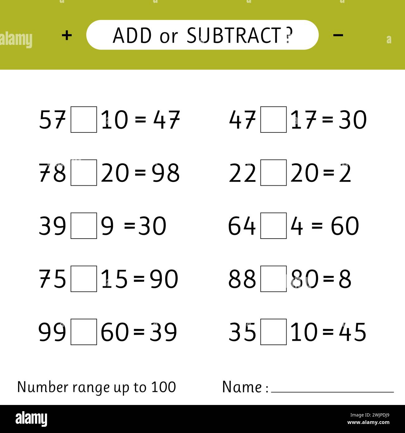 Add or subtract. Number range up to 100. Addition and subtraction ...