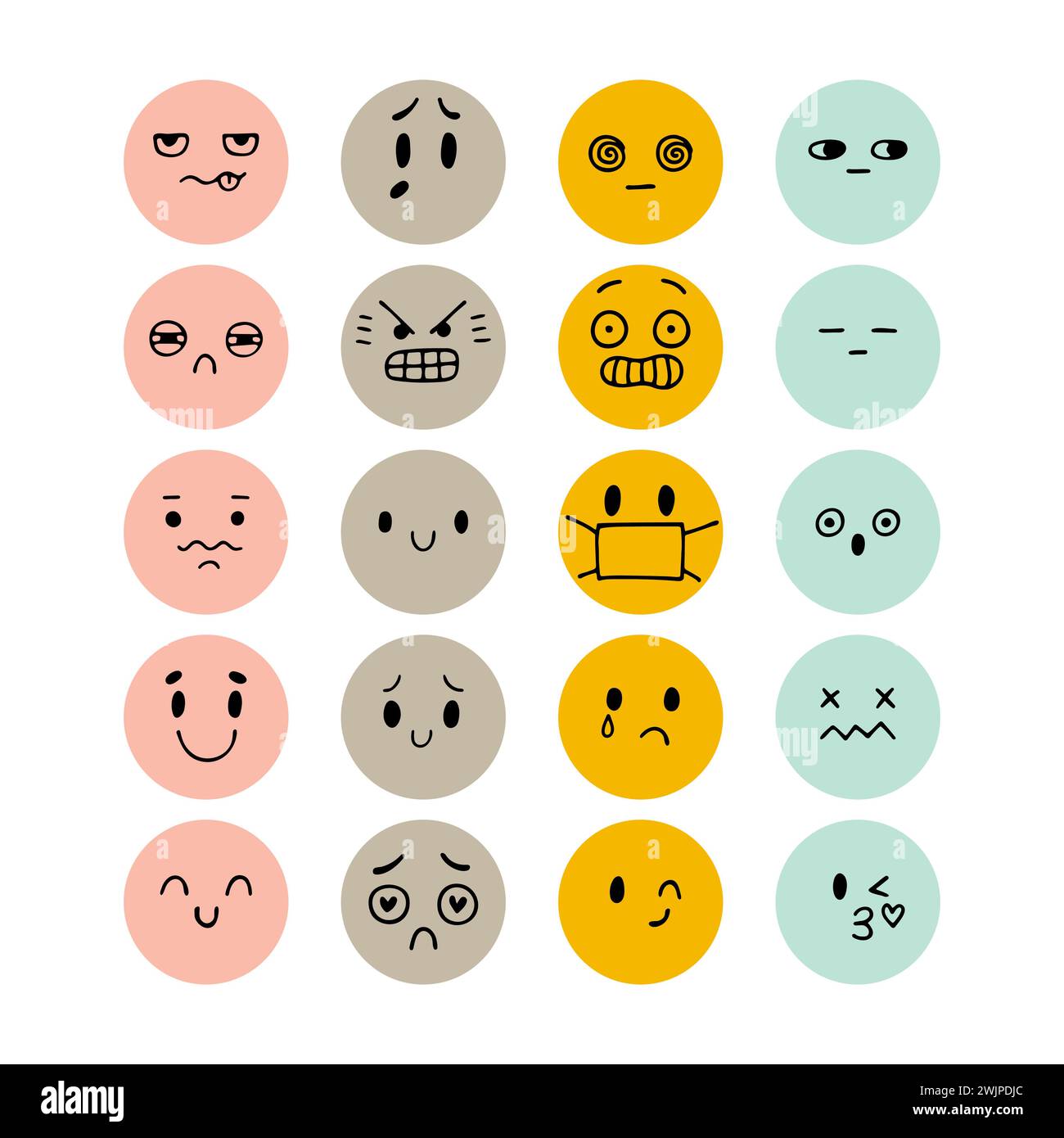 Set of hand drawn funny smiley faces. Happy kawaii style. Sketched ...