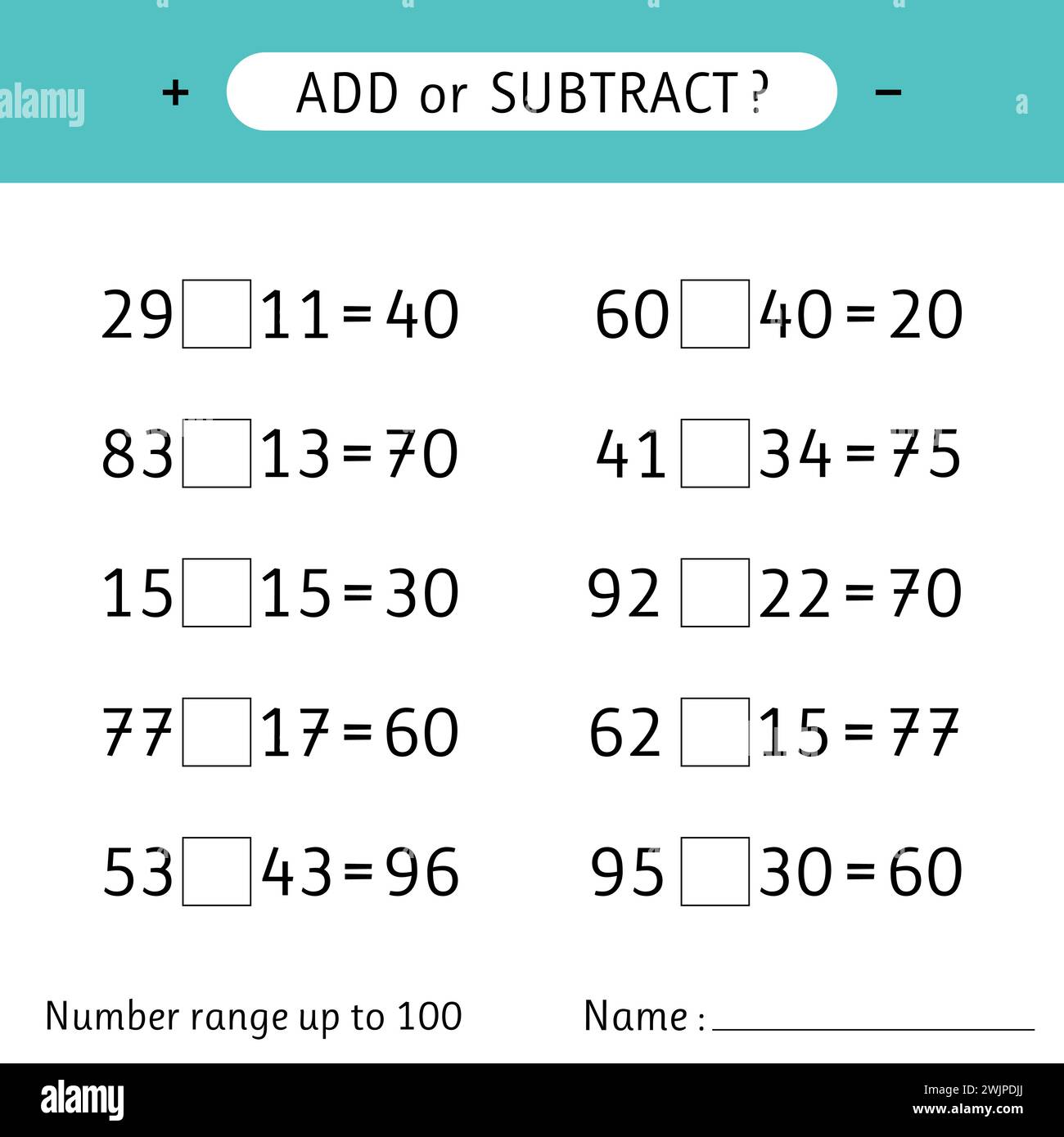 Add or subtract. Number range up to 100. Worksheet for kids. Addition ...