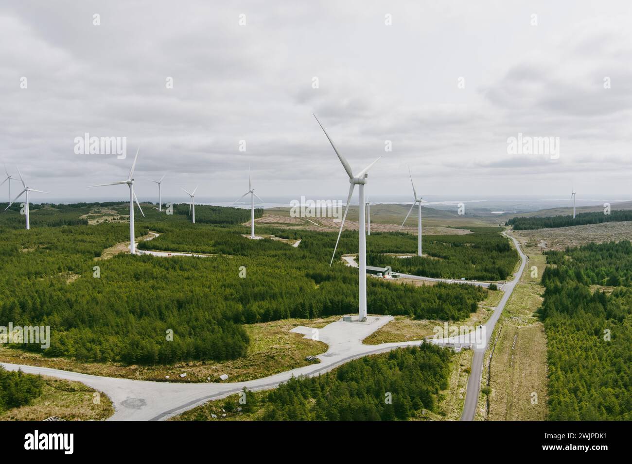 Connemara aerial landscape with wind turbines of Galway Wind Park ...