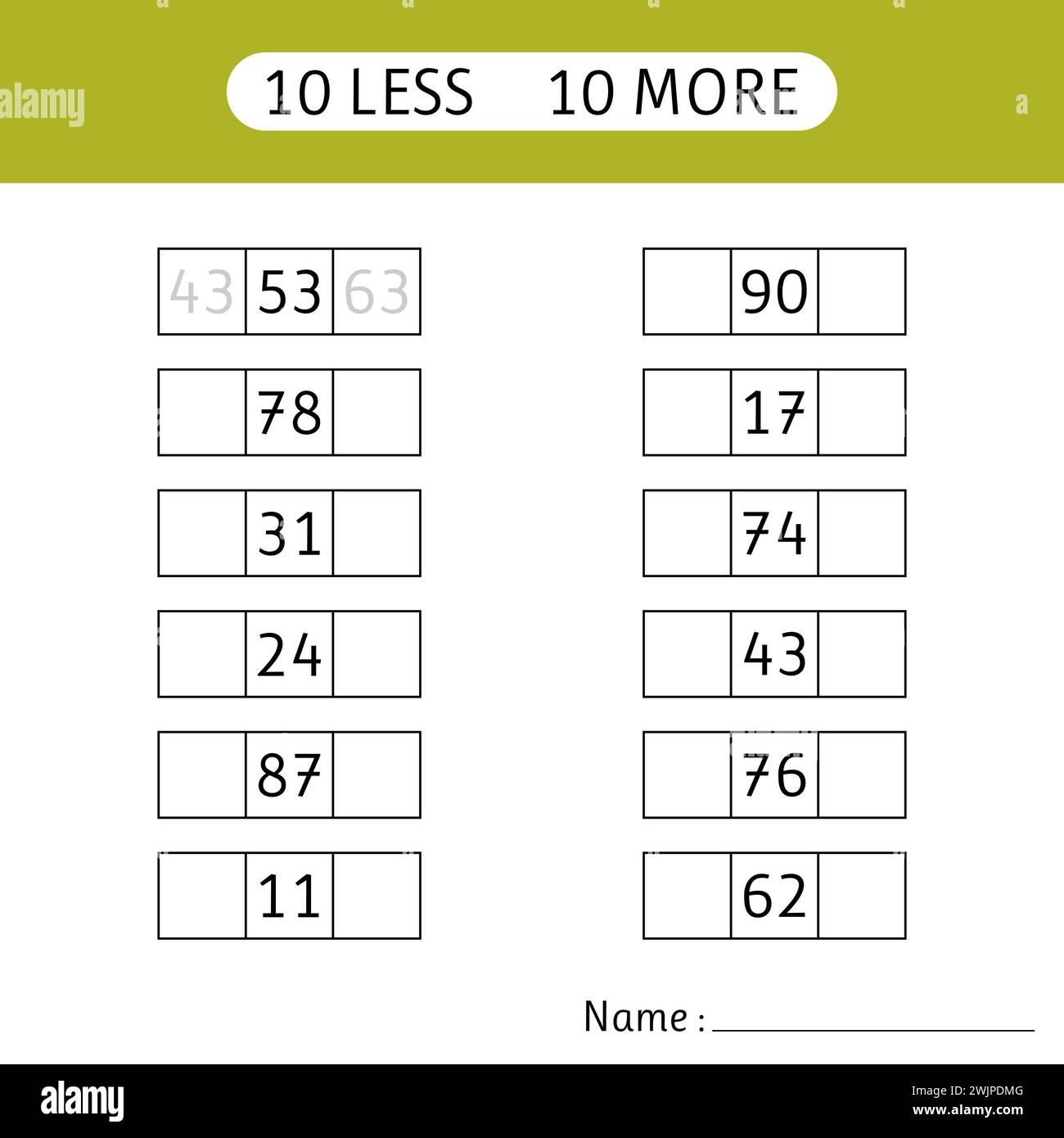 10 less, 10 more. Fill in the missing numbers. Mathematical exercises. Worksheets for kids ...