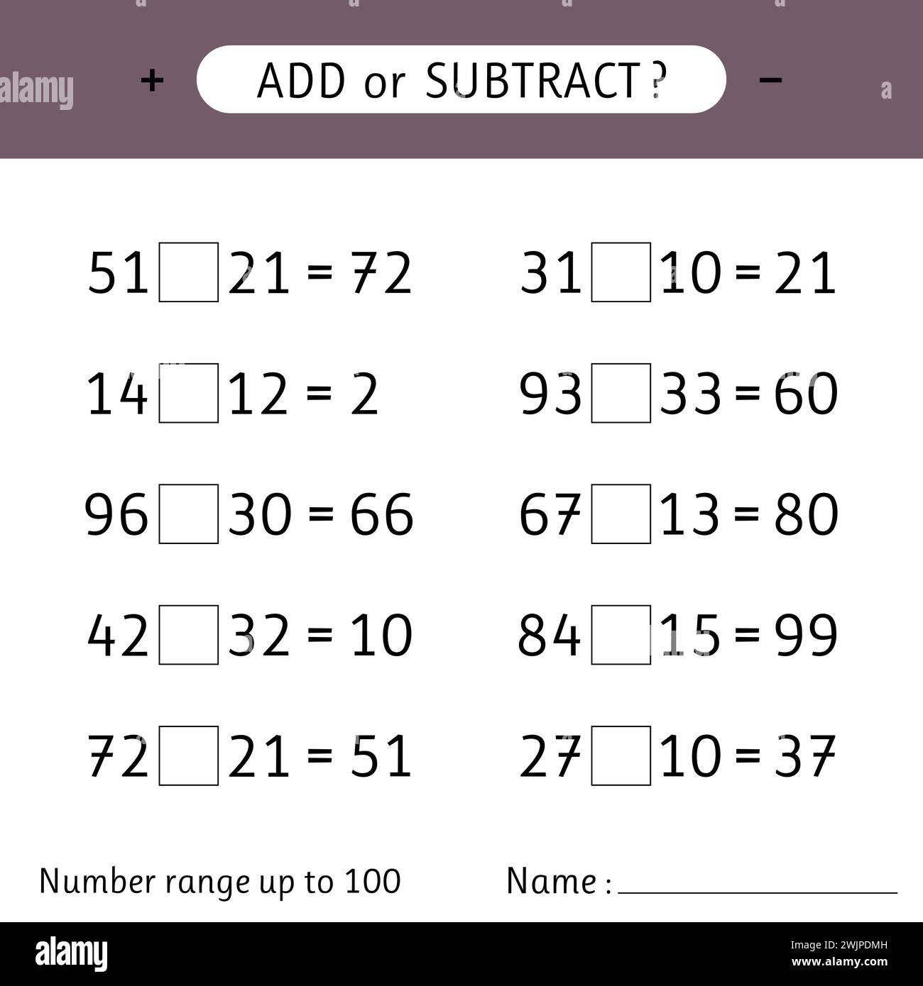 Add or subtract. Number range up to 100. Mathematical exercises ...