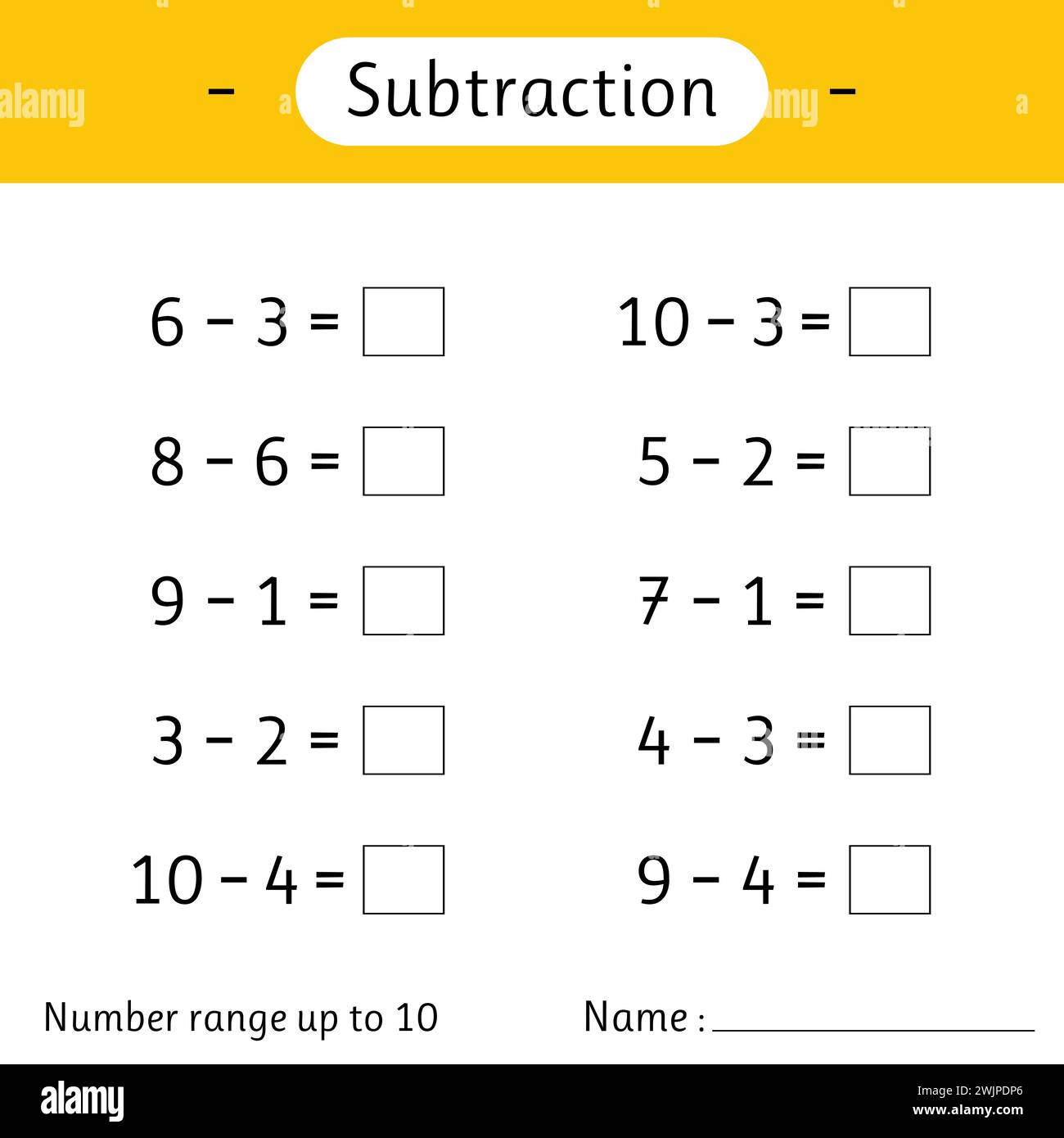 Subtraction. Number range up to 10. Math worksheet for kids. Solve ...