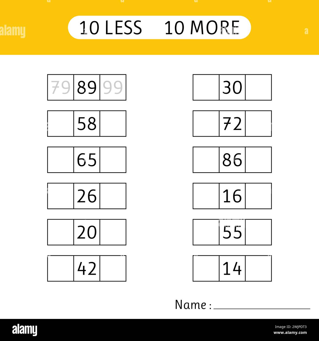 10 less, 10 more. Fill in the missing numbers. Mathematical exercises ...