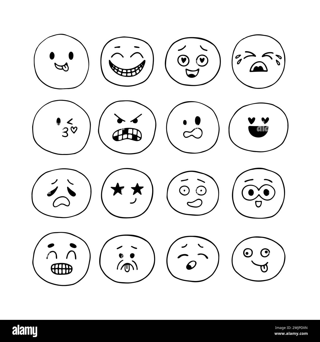 Hand drawn funny smiley faces. Sketched facial expressions set ...