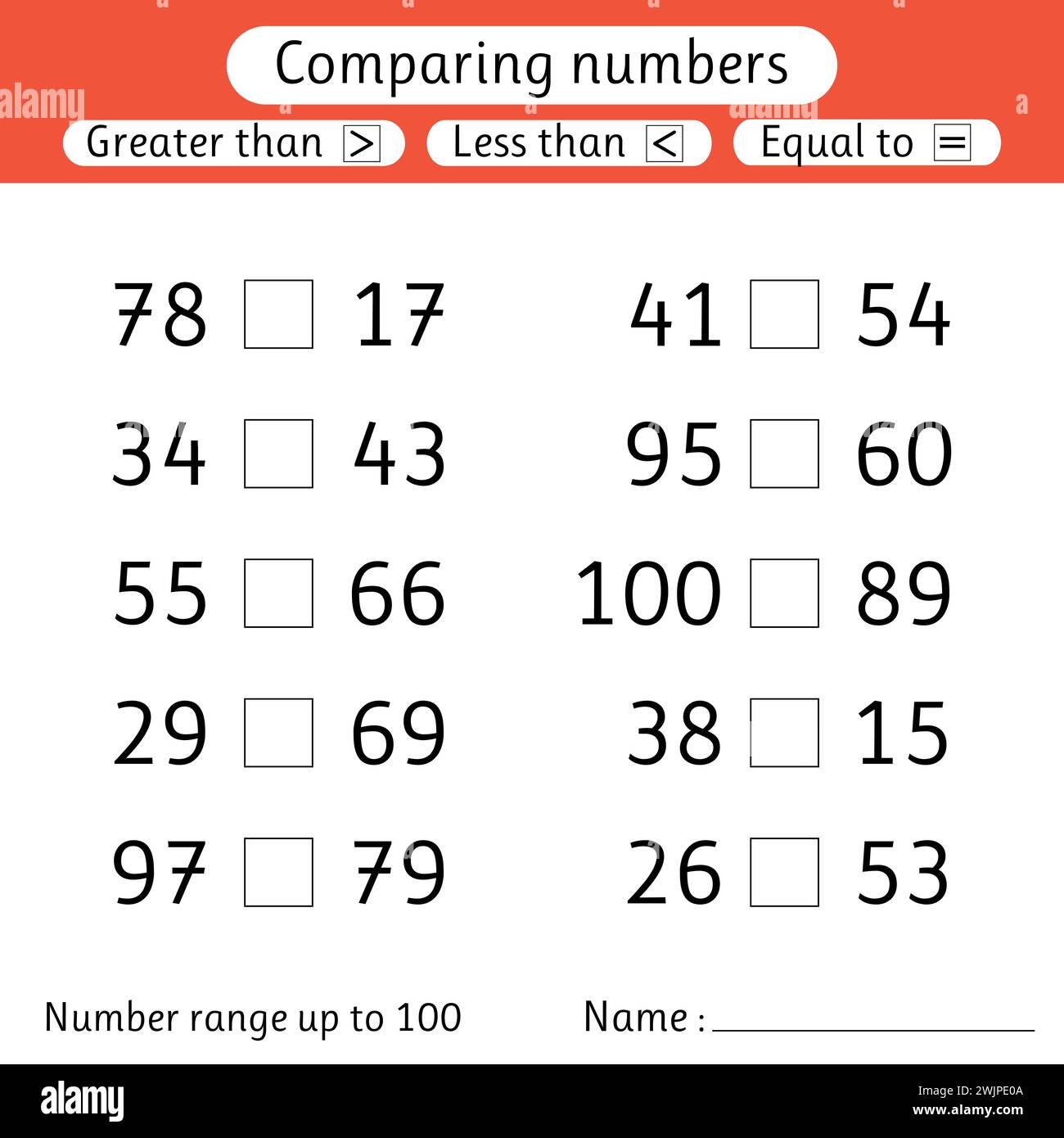 Comparing numbers. Less than, greater than, equal to. Number range up ...