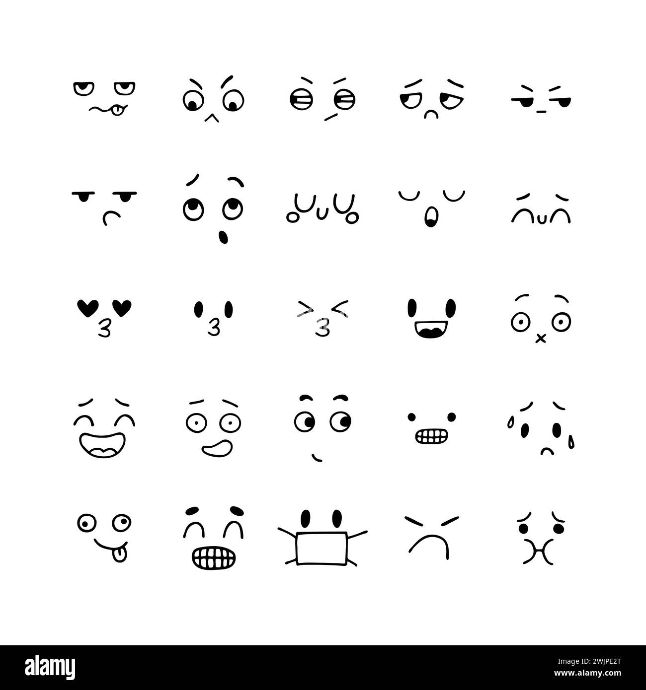 Emoji icons. Hand drawn funny smiley faces. Happy kawaii style ...