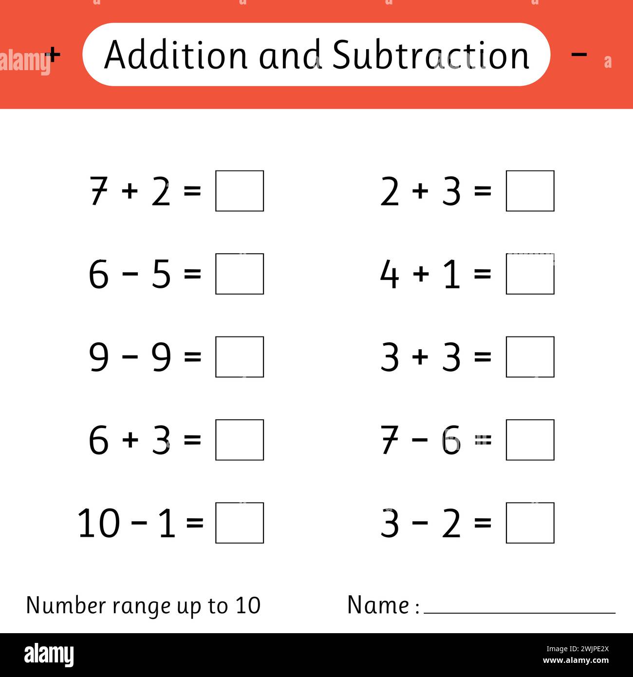 Addition and Subtraction. Number range up to 10. Math worksheet for kids. Solve examples and ...