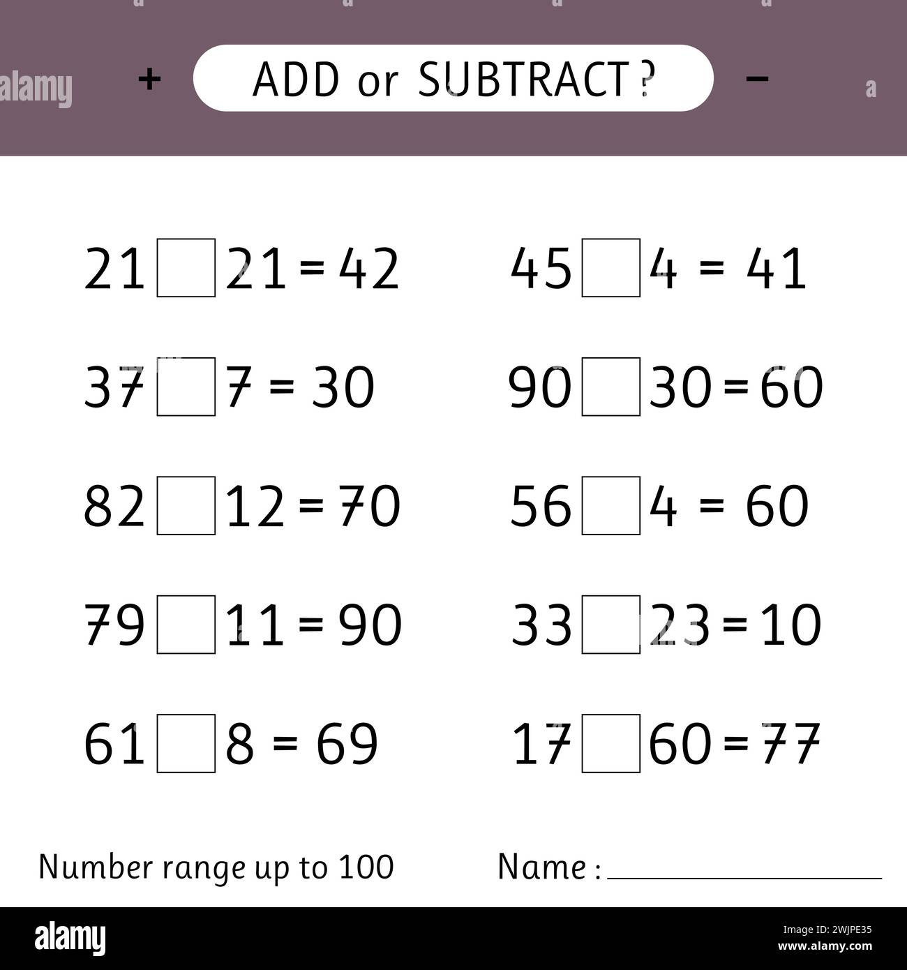 Add or subtract. Number range up to 100. Addition and subtraction ...