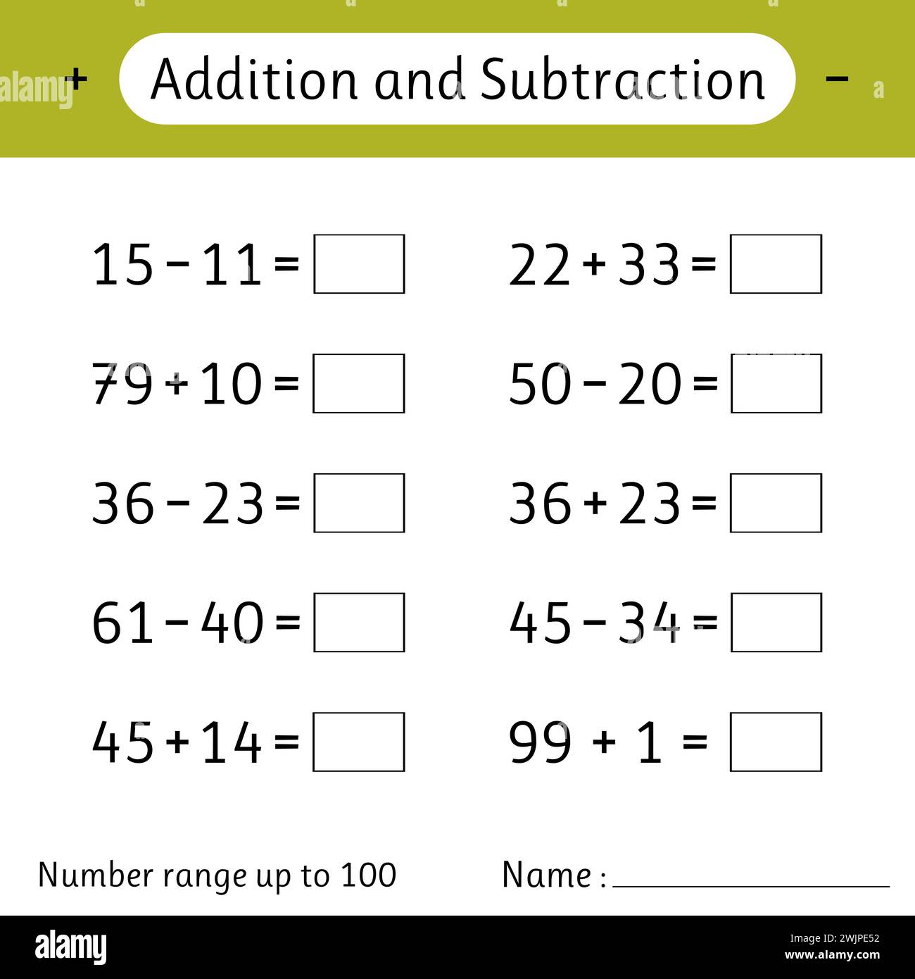 Addition and Subtraction. Number range up to 100. Math worksheet for ...
