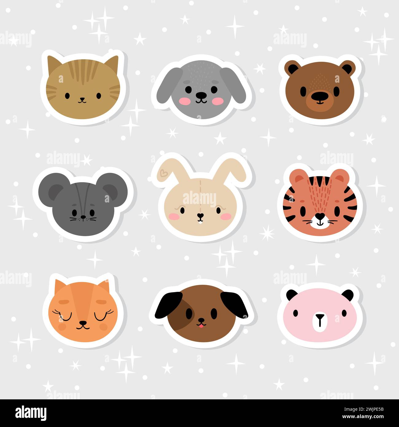 Set of cartoon stickers with animals for kids. Sweet smiley faces. Cute ...
