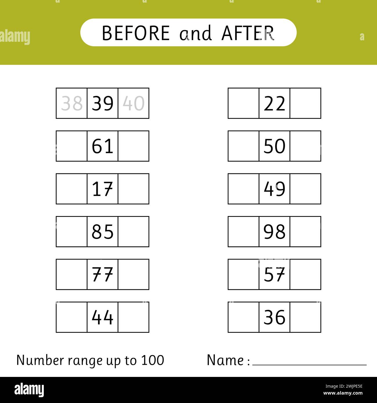 Fill in the missing numbers. Before and after. Number range up to 100 ...